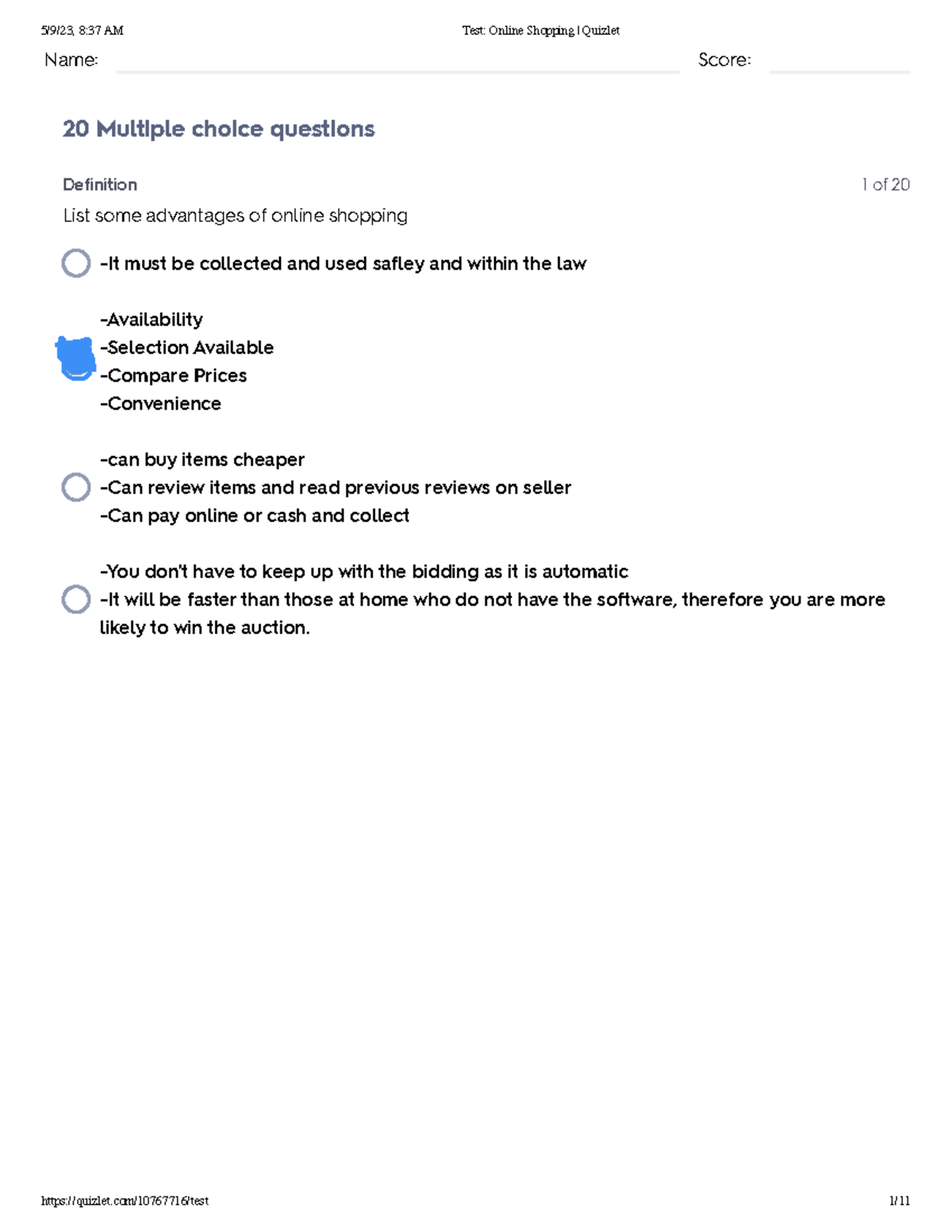 Jameir Blockett - Test Online Shopping 2 - Name: Score: 20 Multiple ...