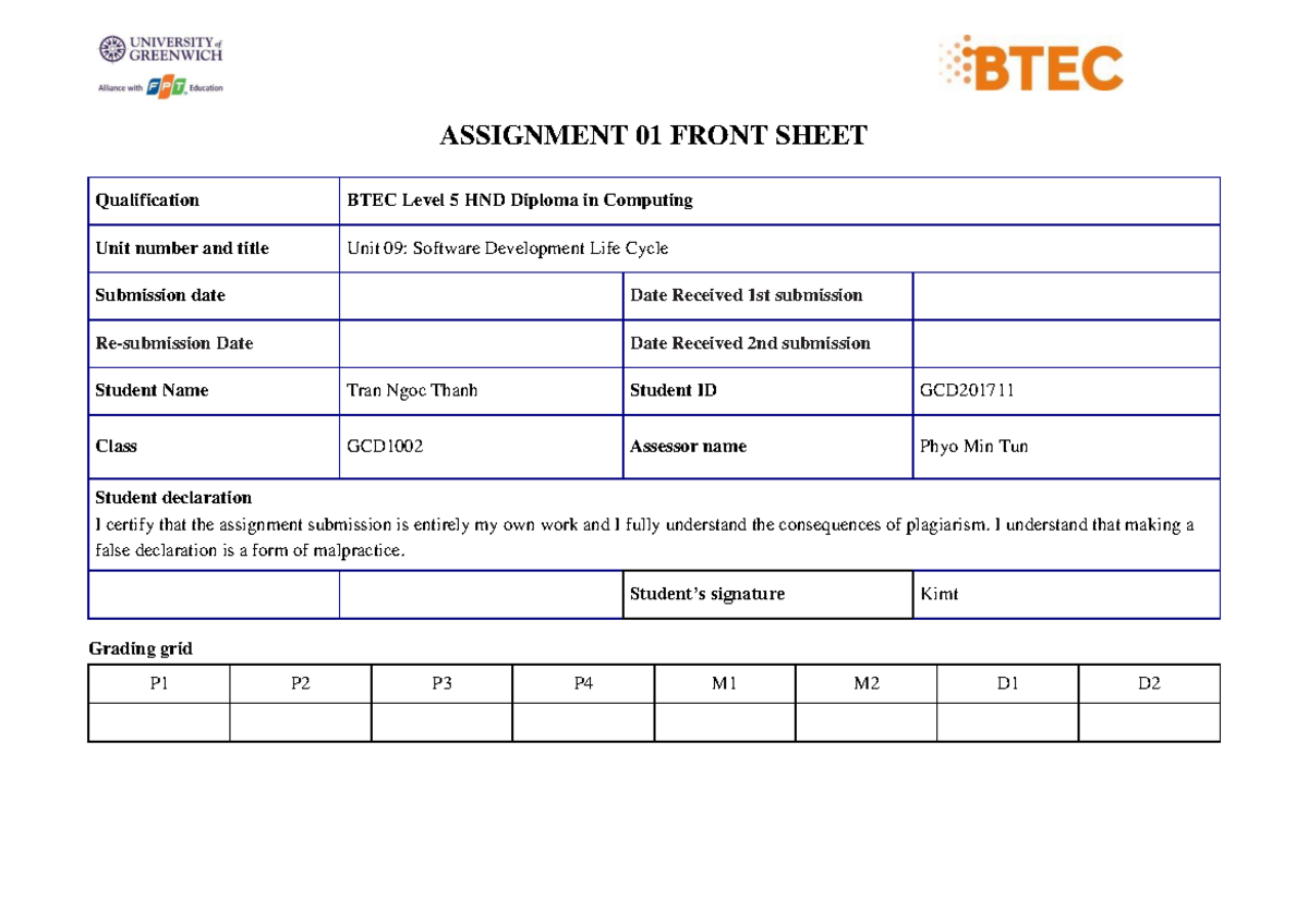 Assignment-1 - ASSIGNMENT 01 FRONT SHEET Qualification BTEC Level 5 HND Diploma in Computing ...