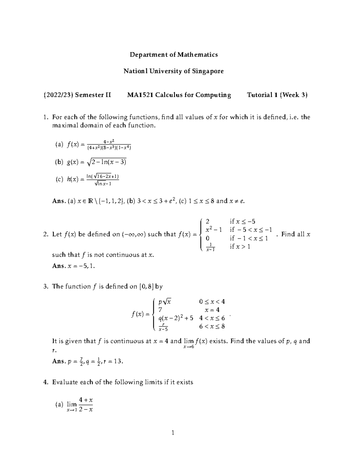 MA1521 Tutorial 1 - Definitely correct answer - Department of Mathematics Nationl University of ...