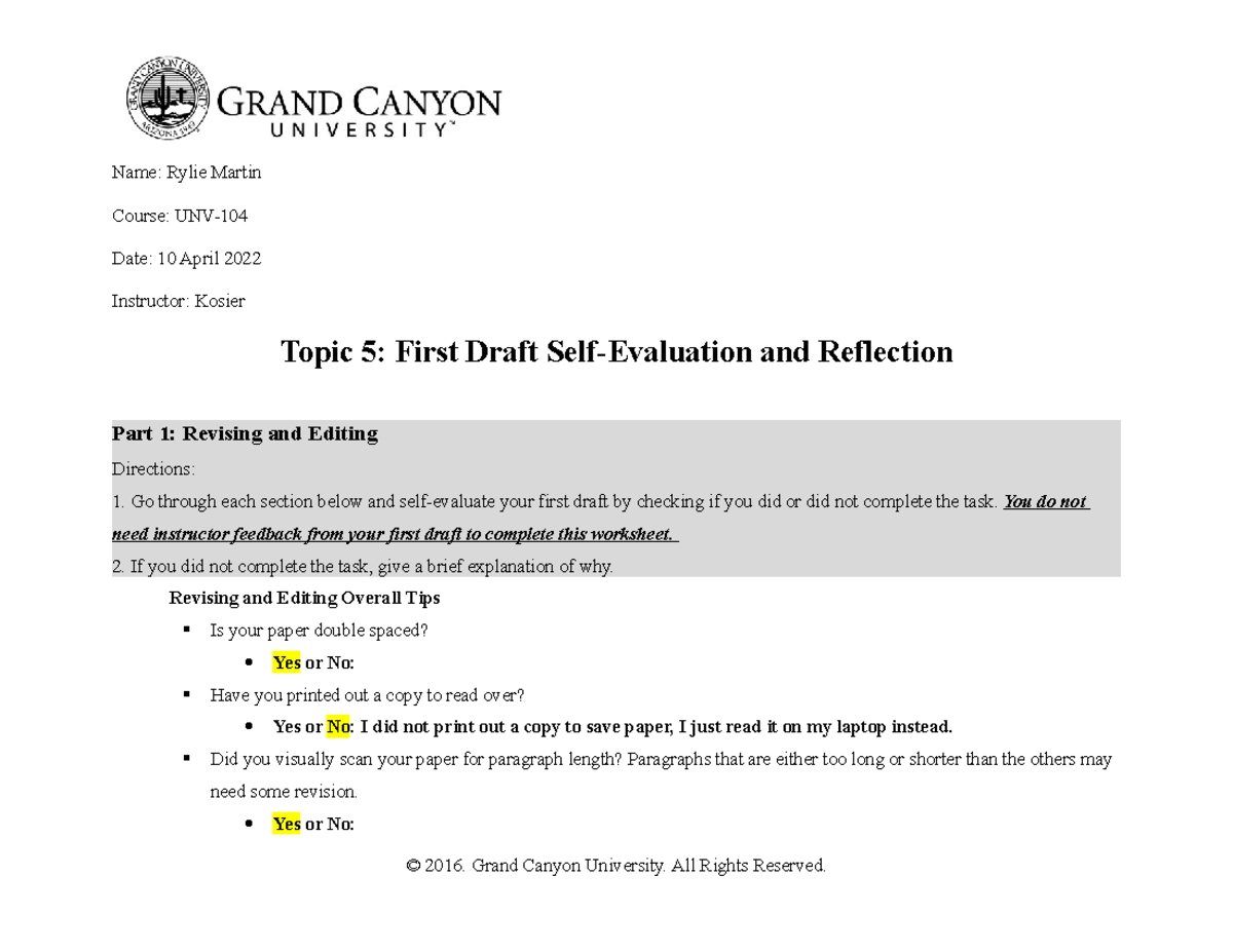 UNV-104-RS-Topic 5 First Draft Self-Evaluationand Reflection - Name ...