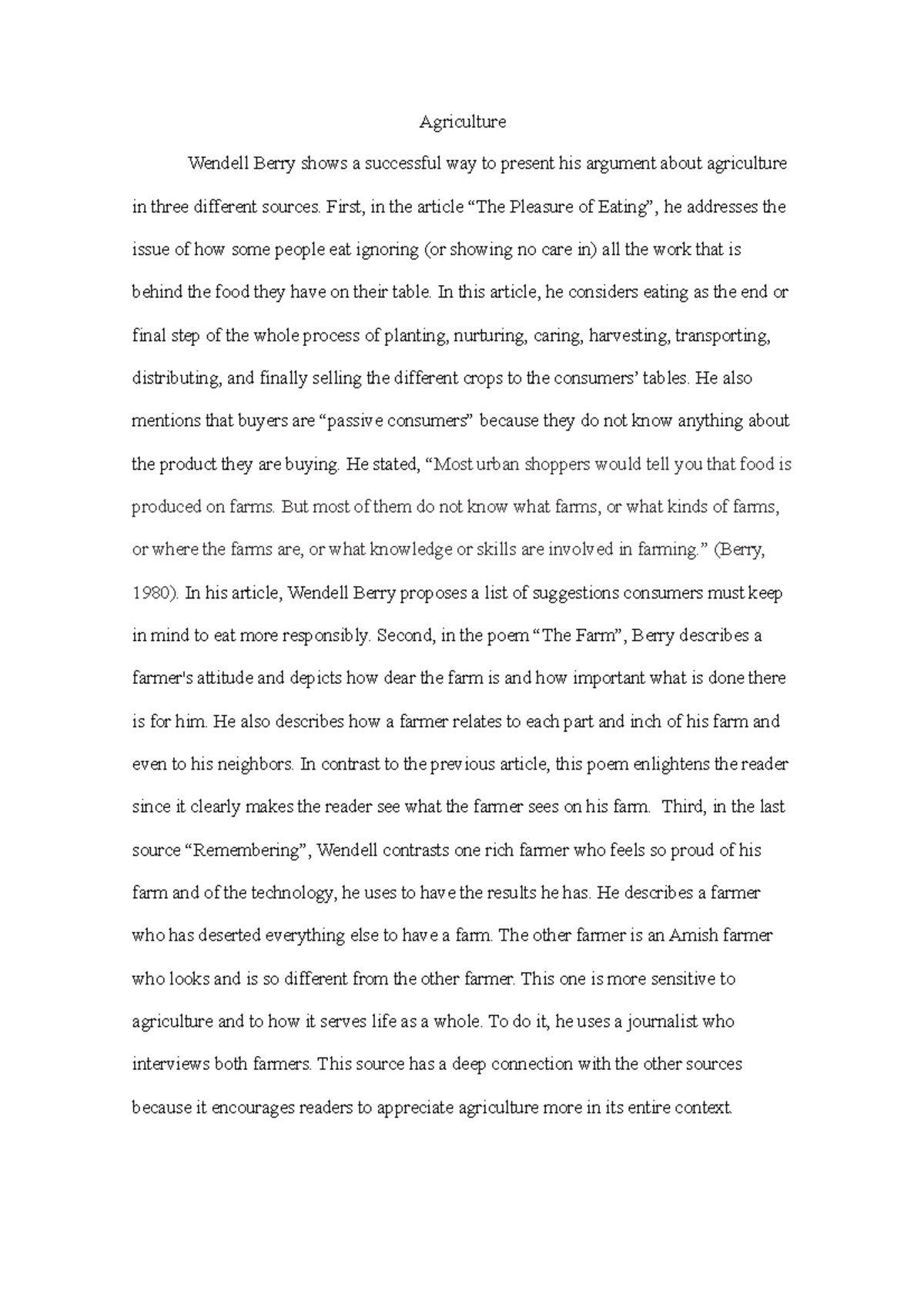 Essay september 9 2023 - Agriculture Wendell Berry shows a successful ...