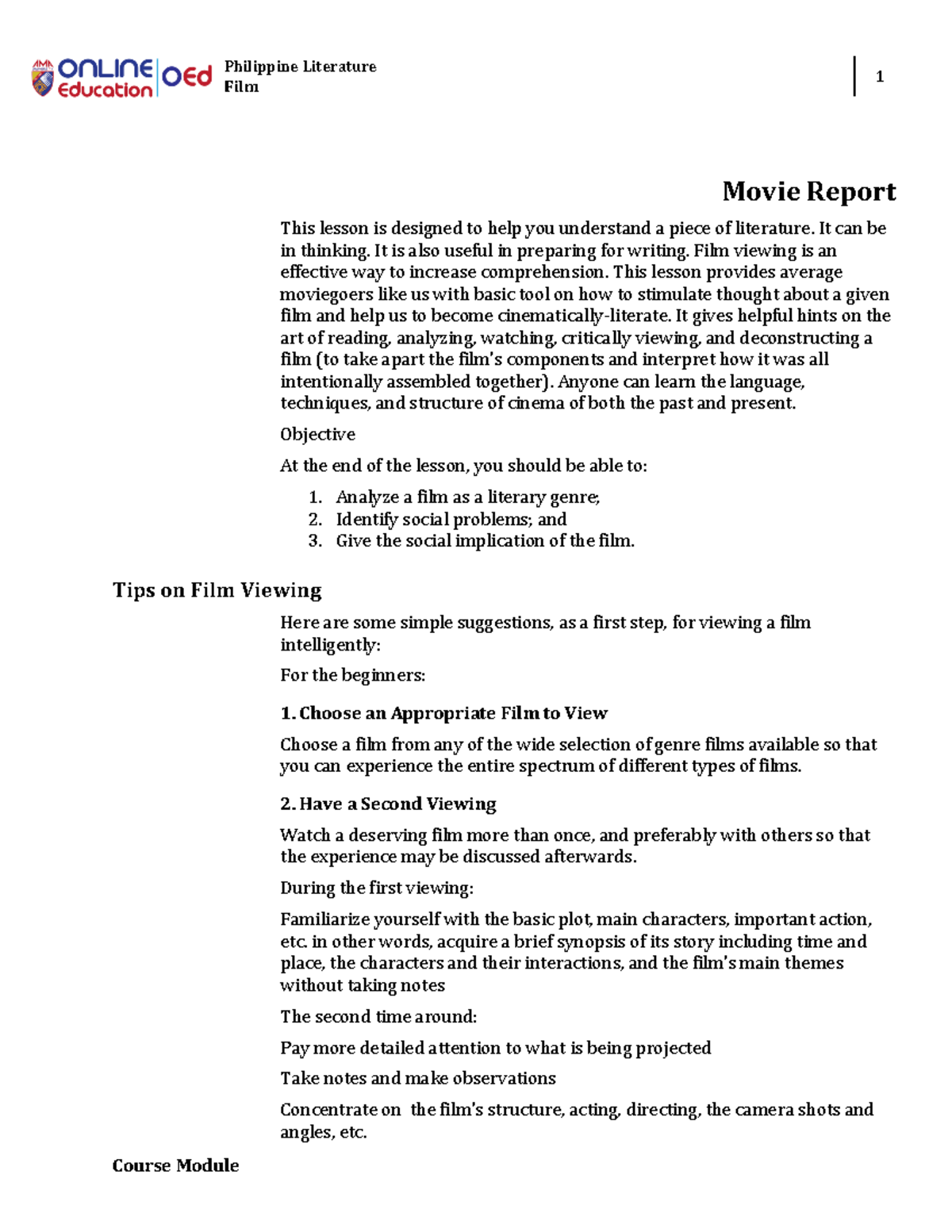 Movie Report - Lecture Notes - Philippine Literature Film 1 Course ...