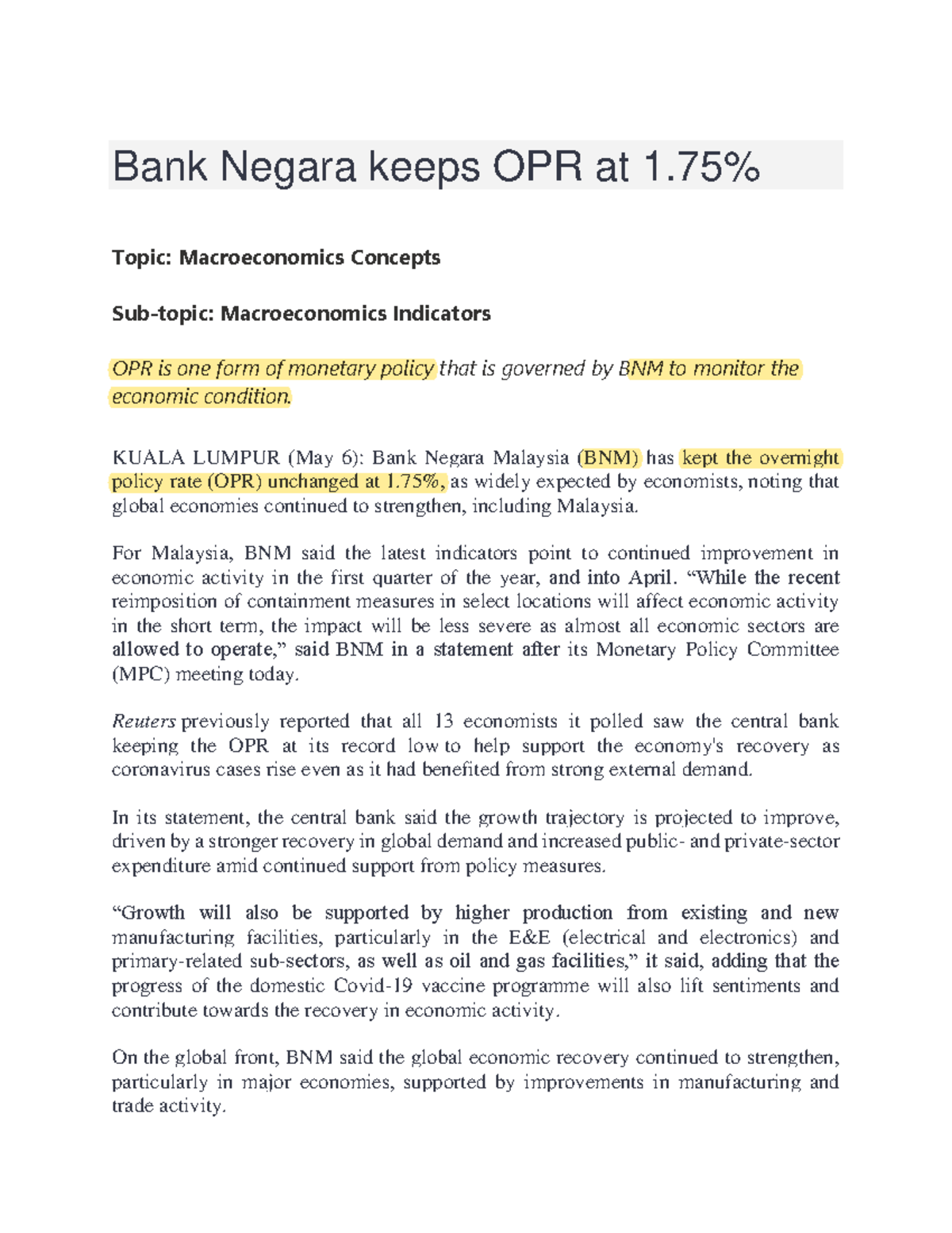 Bank Negara keeps OPR at 1.75 percent - Property Market Analysis - UTAR ...