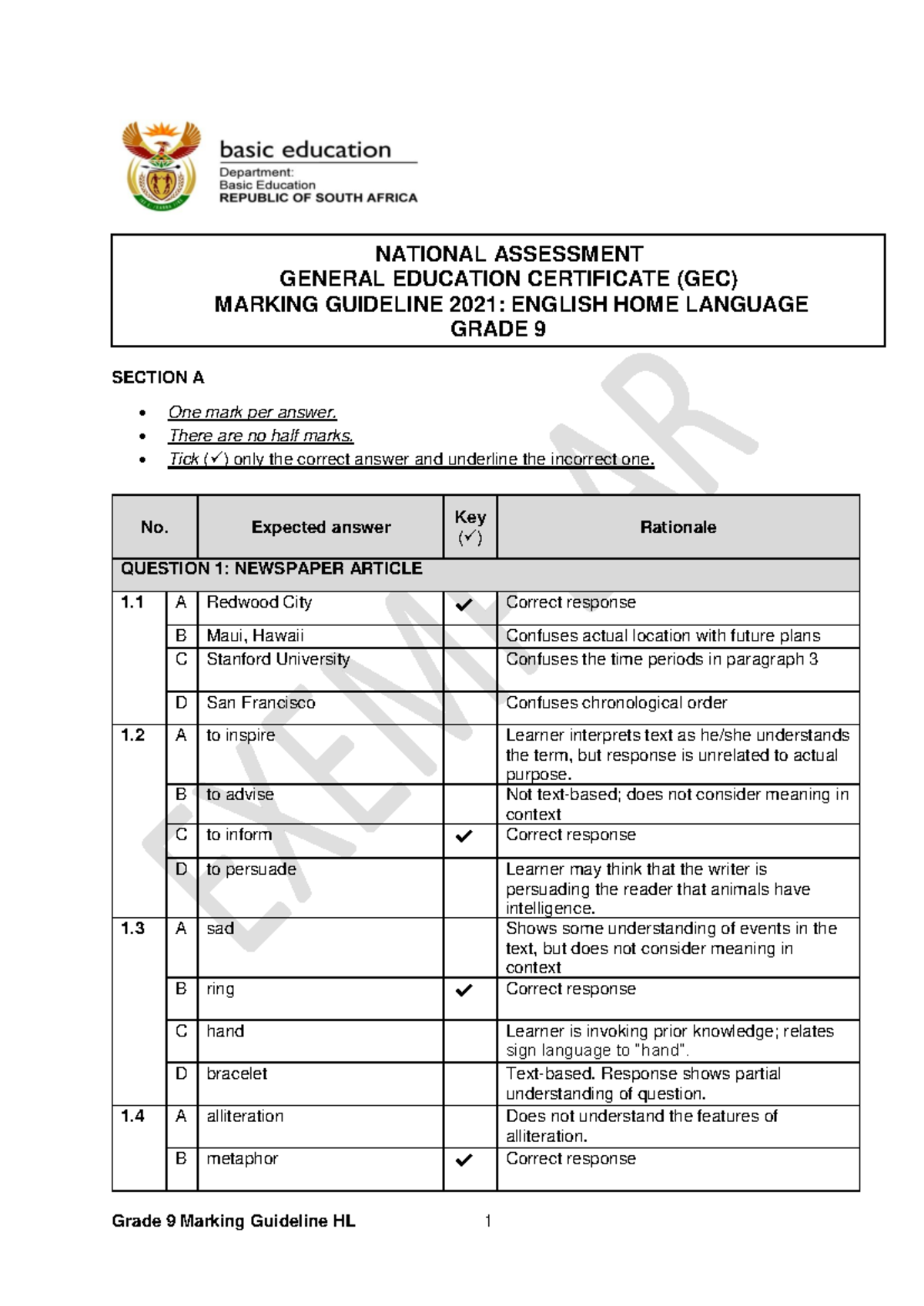 GEC GR 9 2021 English HL Marking Guideline - SECTION A One mark per ...