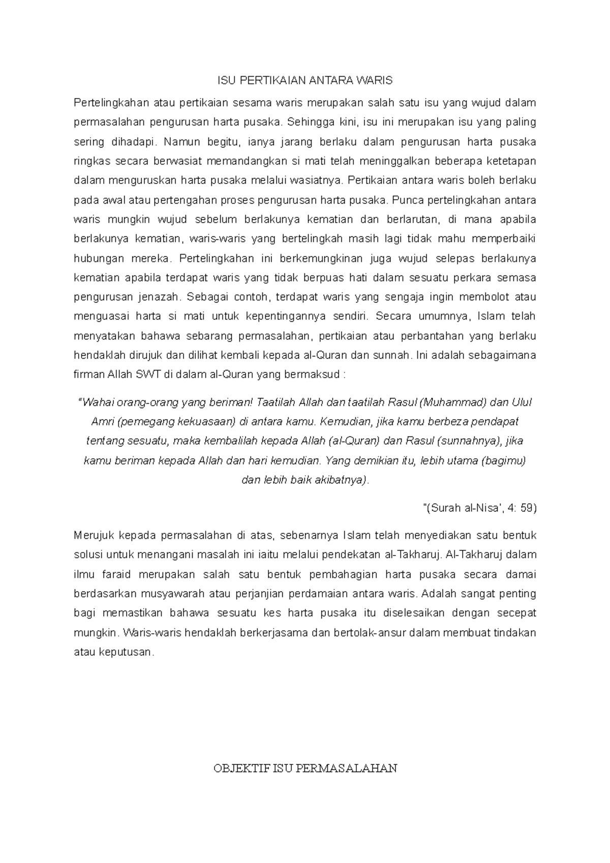 ISU Pertikaian Antara Waris - ISU PERTIKAIAN ANTARA WARIS ...
