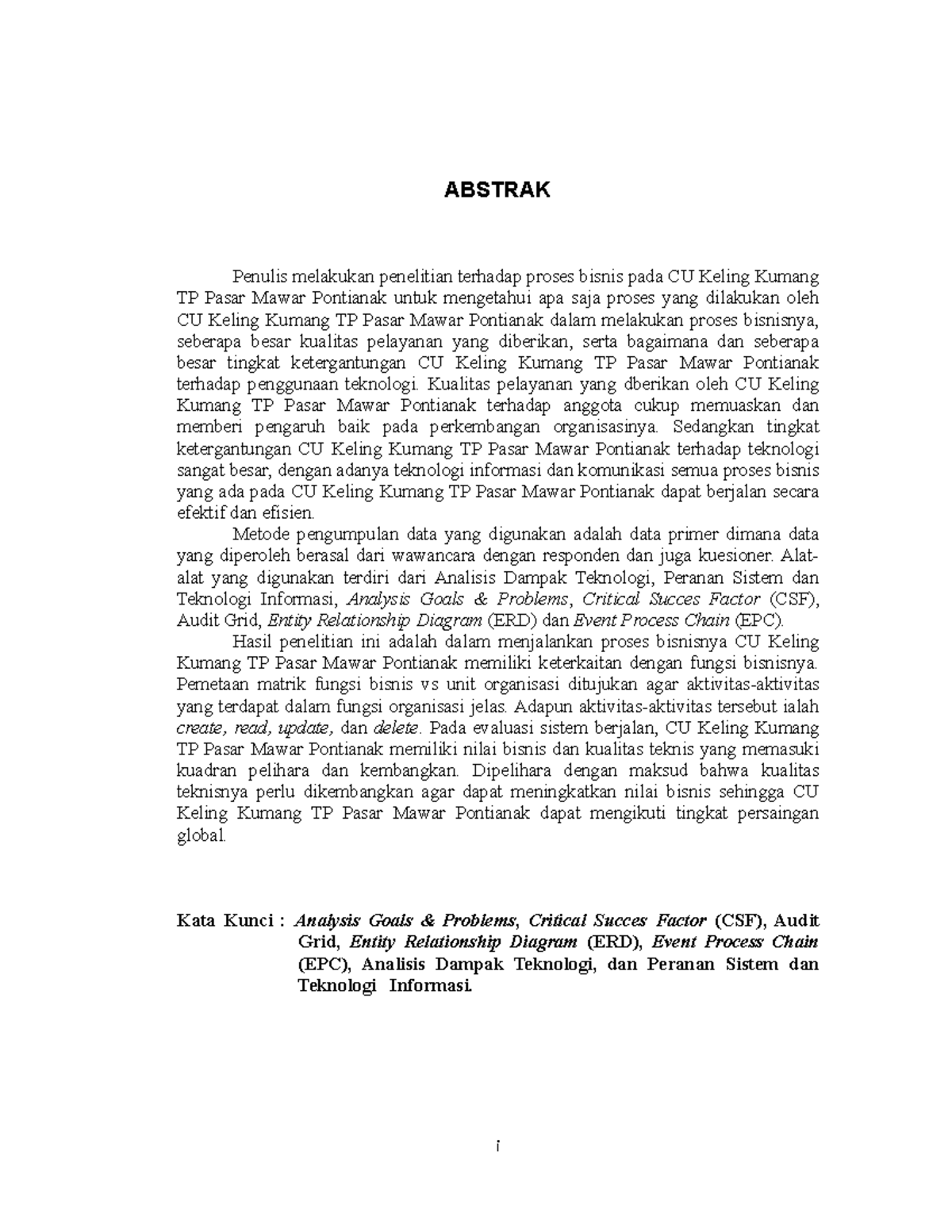 Analisis Proses Bisnis PD CU Keling Kumang TP Pasar Mawar PTK - ABSTRAK ...