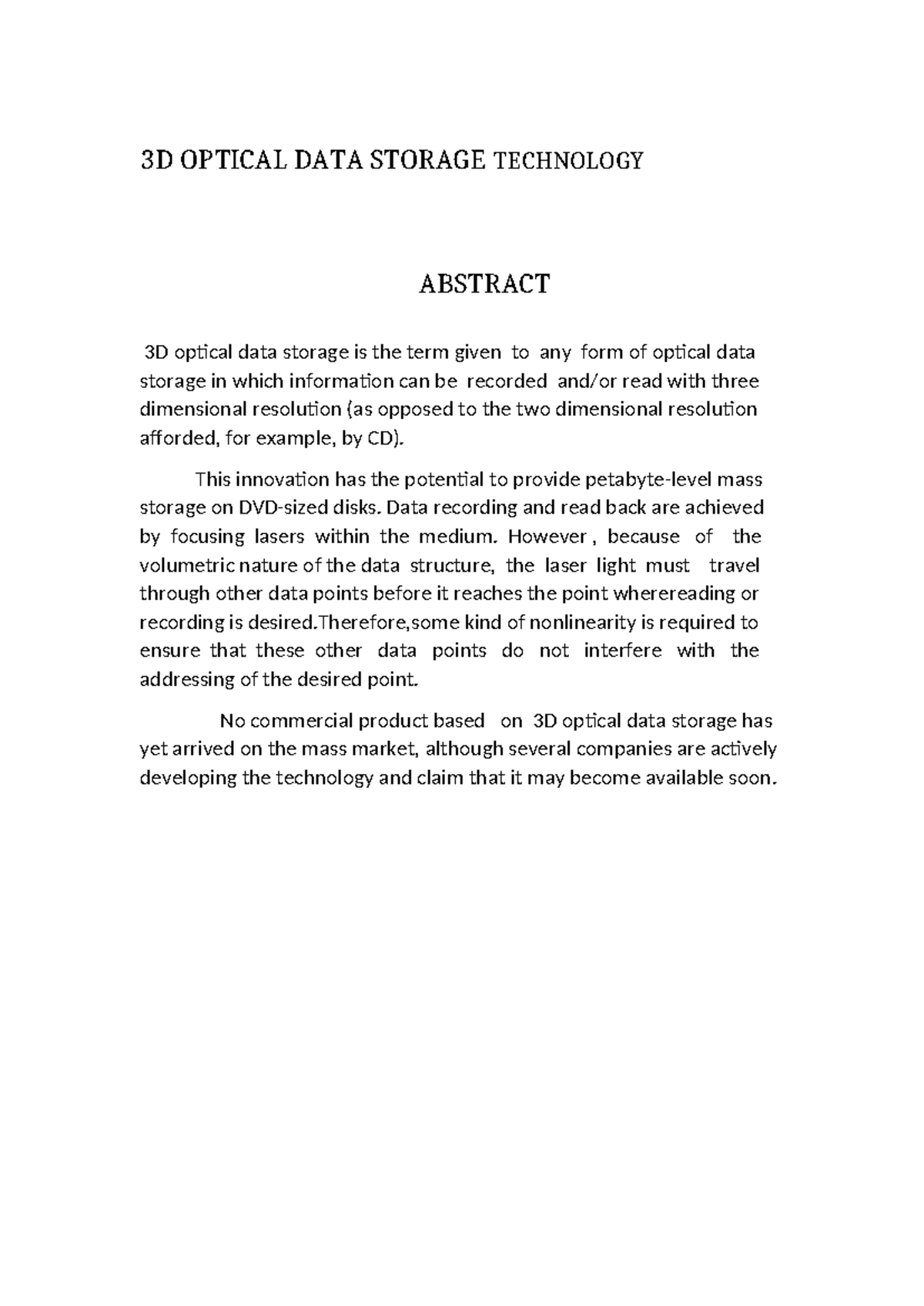 126409790 3D Optical Data Storage Technology - 3D OPTICAL DATA STORAGE TECHNOLOGY ABSTRACT 3D ...