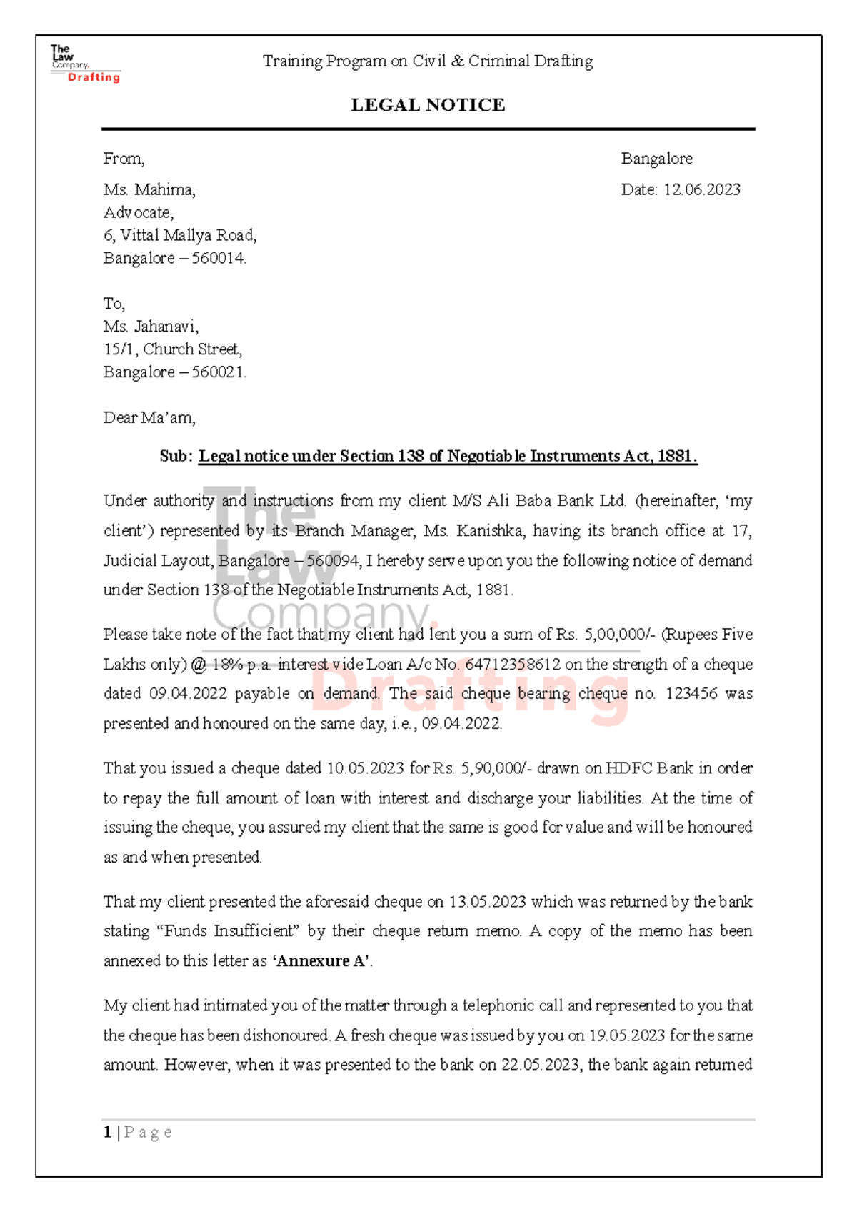 Legal Notice Template - Training Program on Civil & Criminal Drafting 1 ...