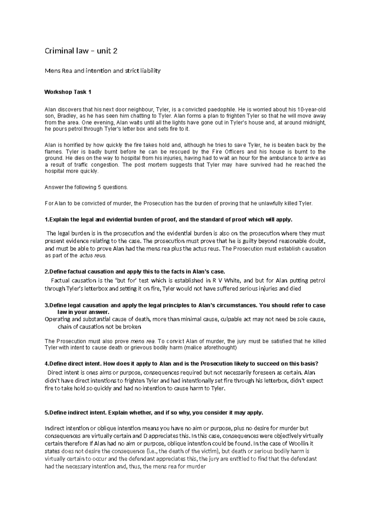 Criminla unit 2 - Unit 2 - Criminal law – unit 2 Mens Rea and intention ...