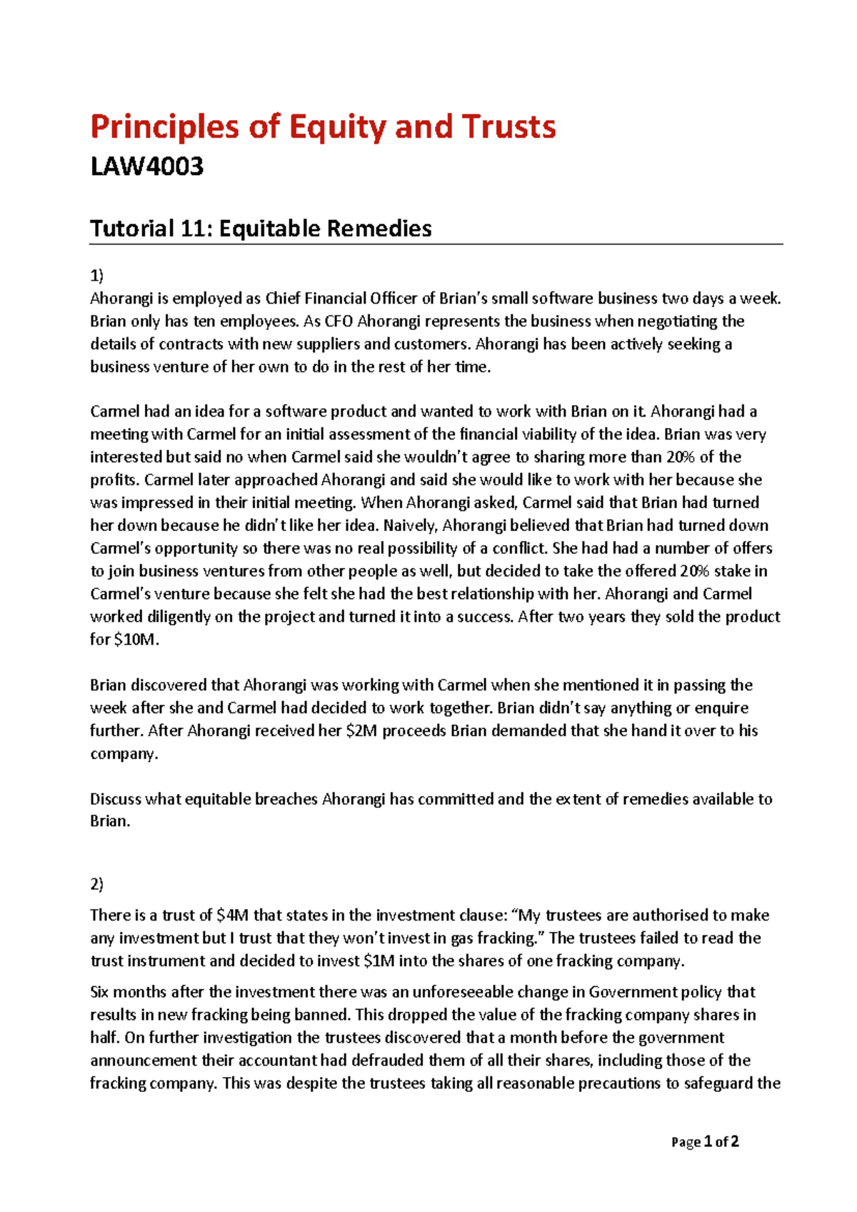 Tutorial 11 - handout - Principles of Equity and Trusts LAW Tutorial 11: Equitable Remedies 1 ...