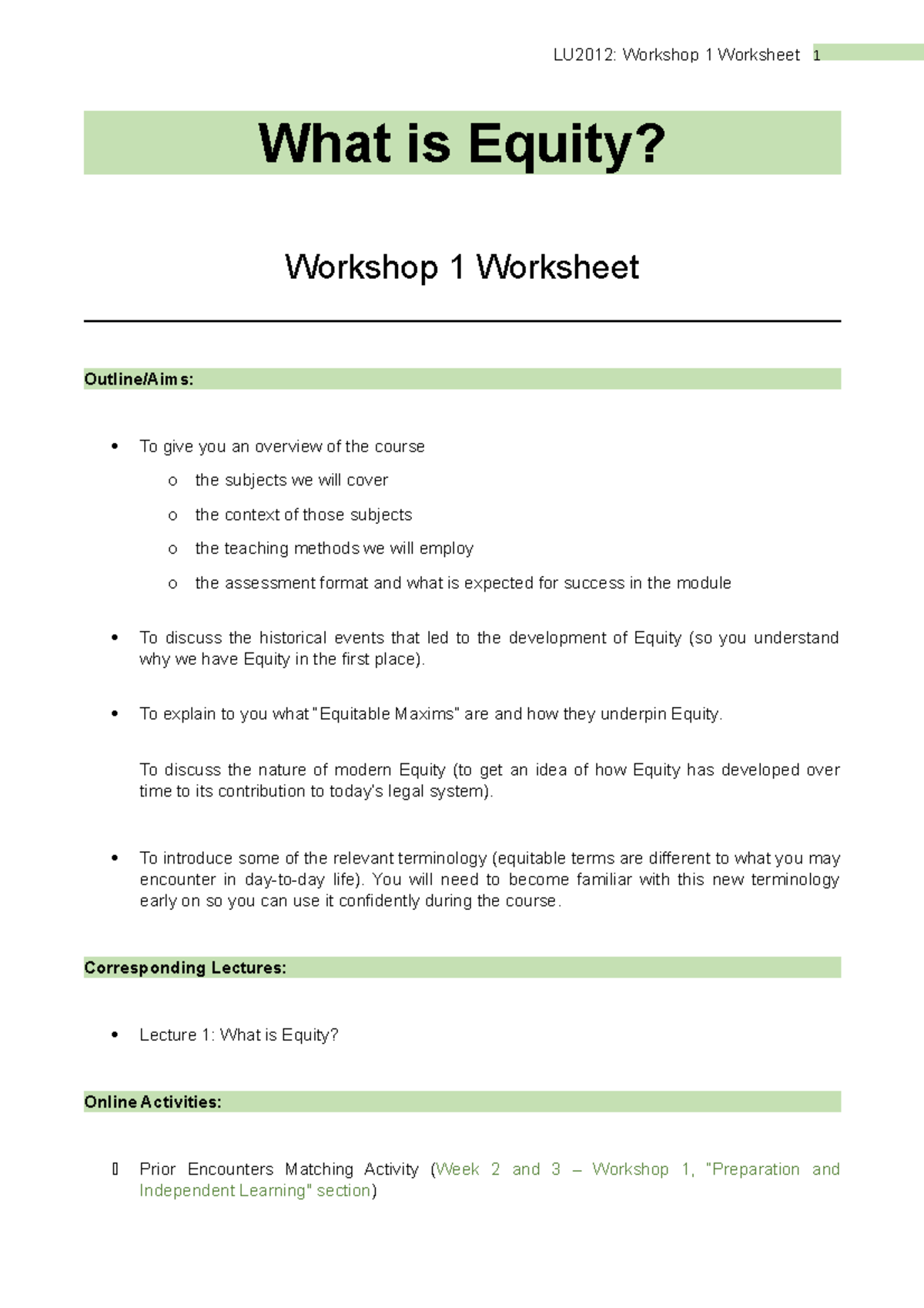 LU2012 Workshop 1 - What is Equity - Worksheet - What is Equity ...