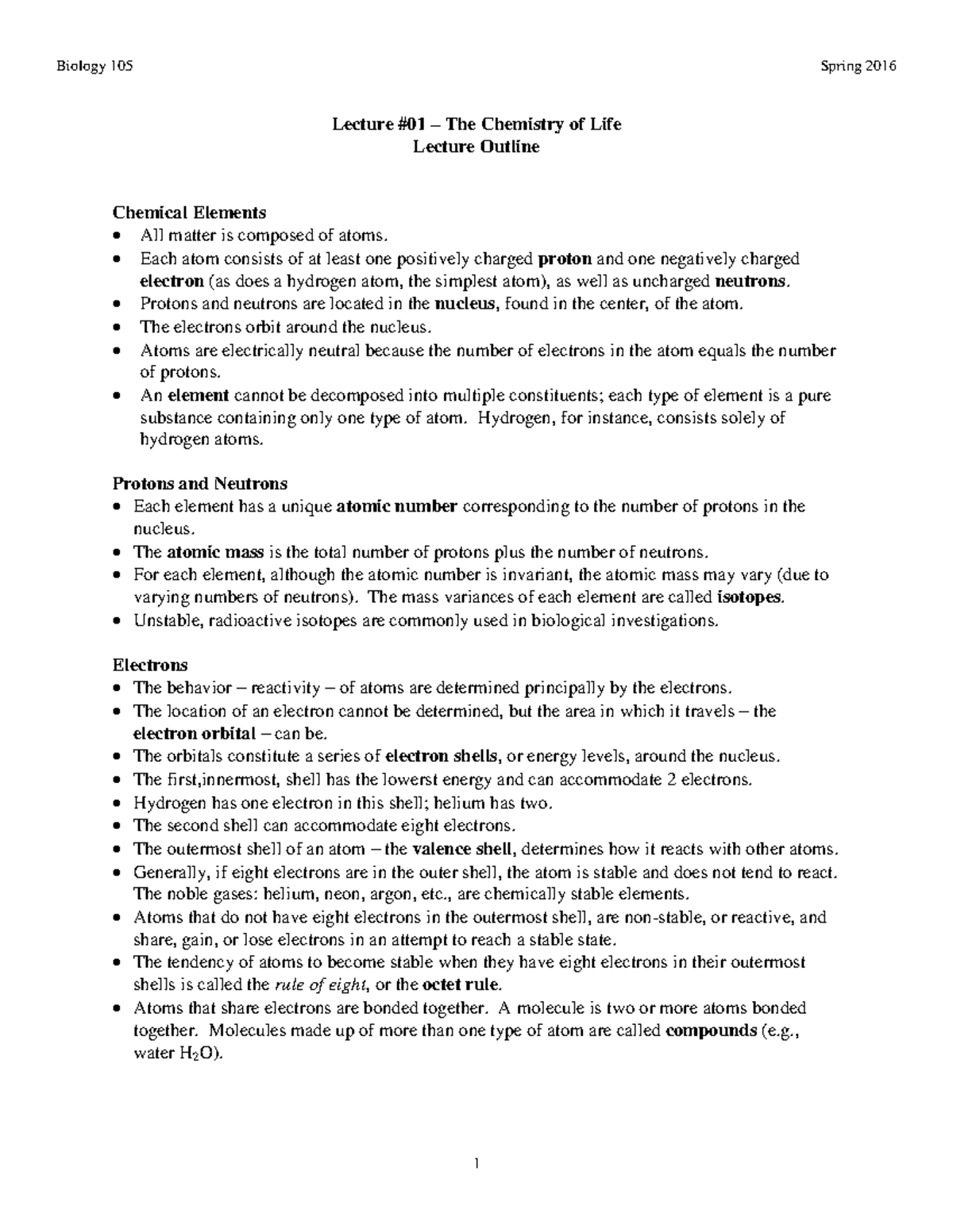 01-chemistry - notes - Biology 105 Spring 2016 Lecture #01 – The ...