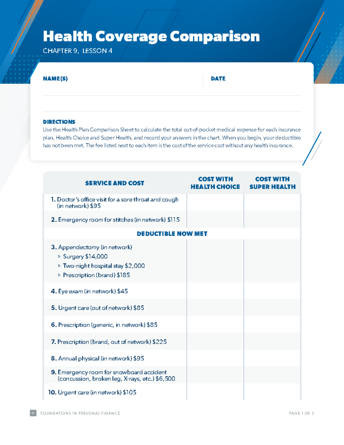 Unit 11 Health Insurance Activity - PAGE 1 O F 3 DATE DIRECTIONS Use ...