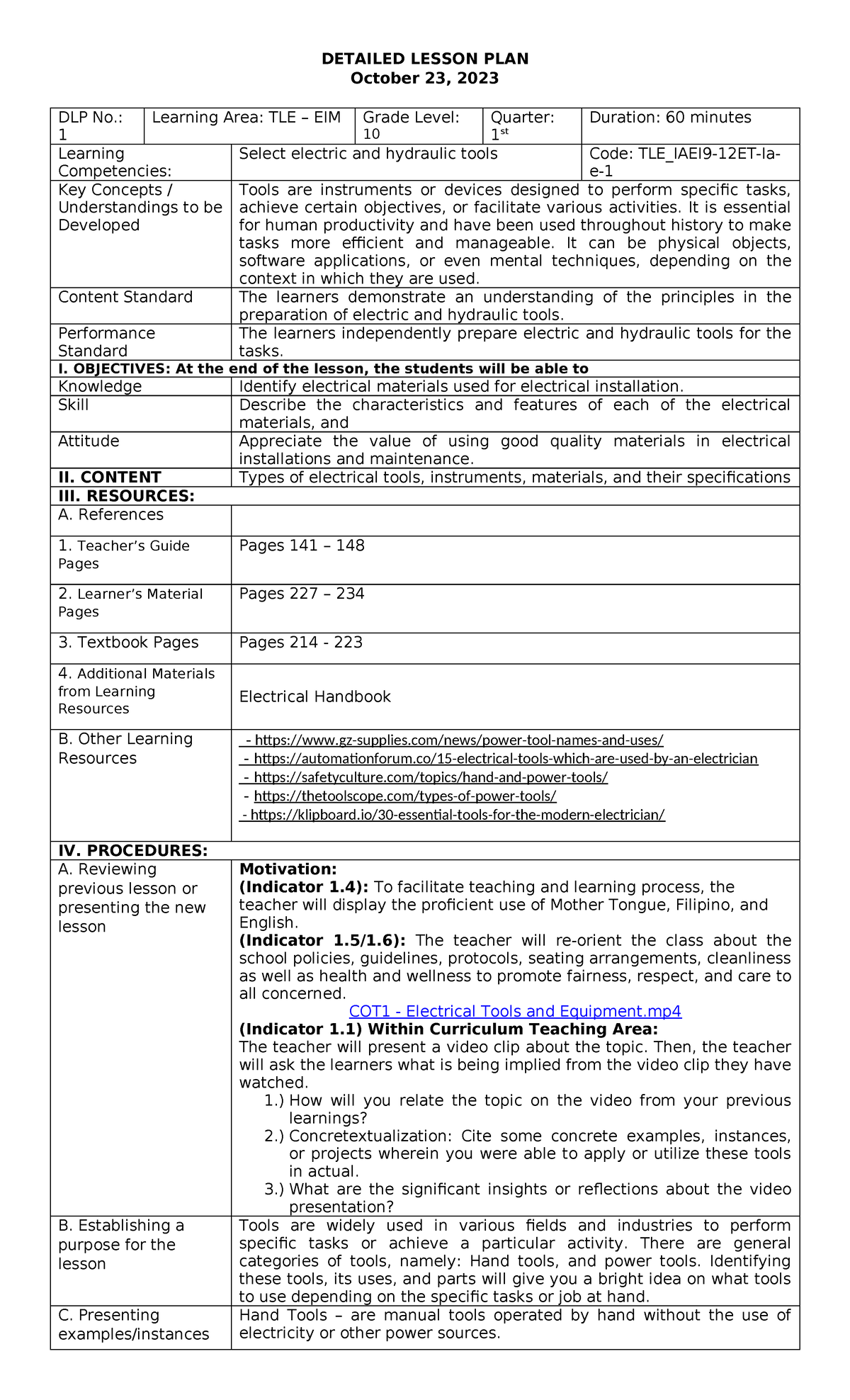 DLP1 Electrical Tools and Equipment - DETAILED LESSON PLAN October 23 ...