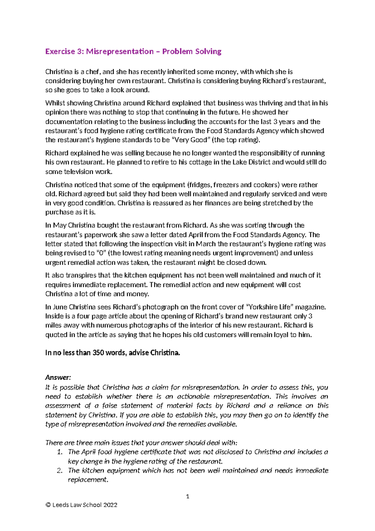 Misrepresentation Example Answer - Exercise 3: Misrepresentation – Problem Solving Christina is ...