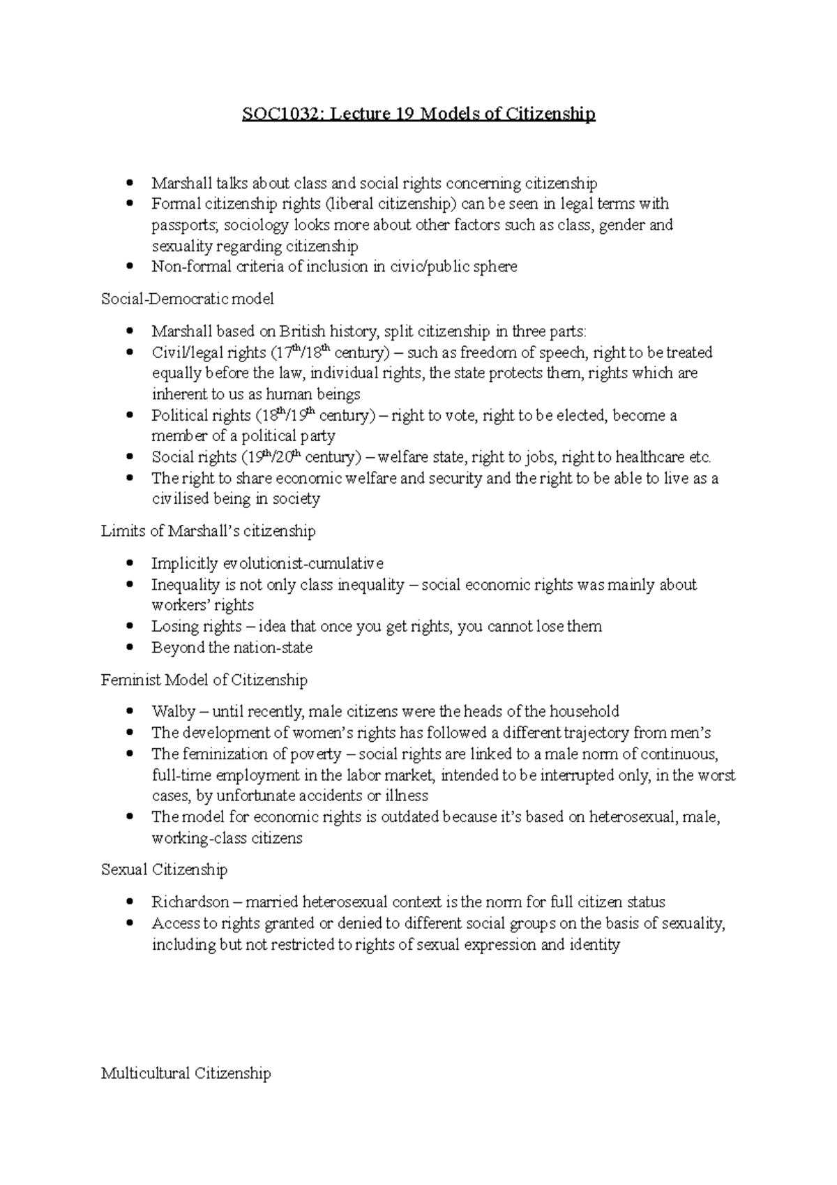 Lecture 19 Models of Citizenship - SOC1032: Lecture 19 Models of ...