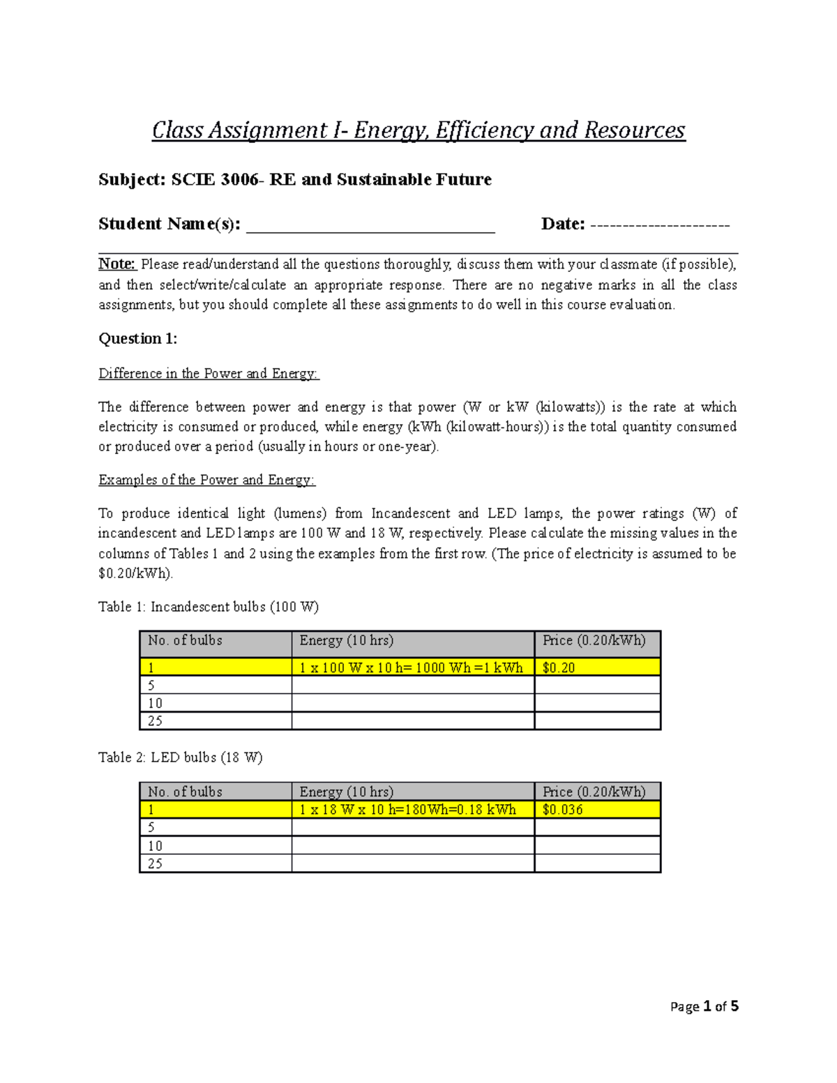 SCIE3006-Class Assignment 1 - Class Assignment I- Energy, Efficiency and Resources Subject: SCIE ...