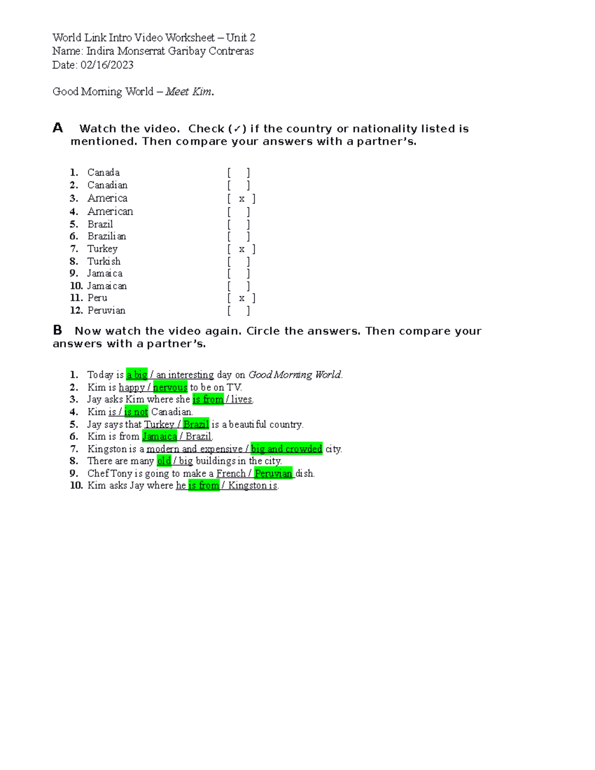 UNIT 2 Countries - N/A - World Link Intro Video Worksheet – Unit 2 Name ...