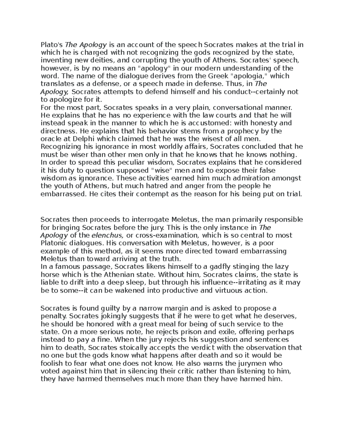 Philosophy 1 - Notes - Plato's The Apology is an account of the speech ...