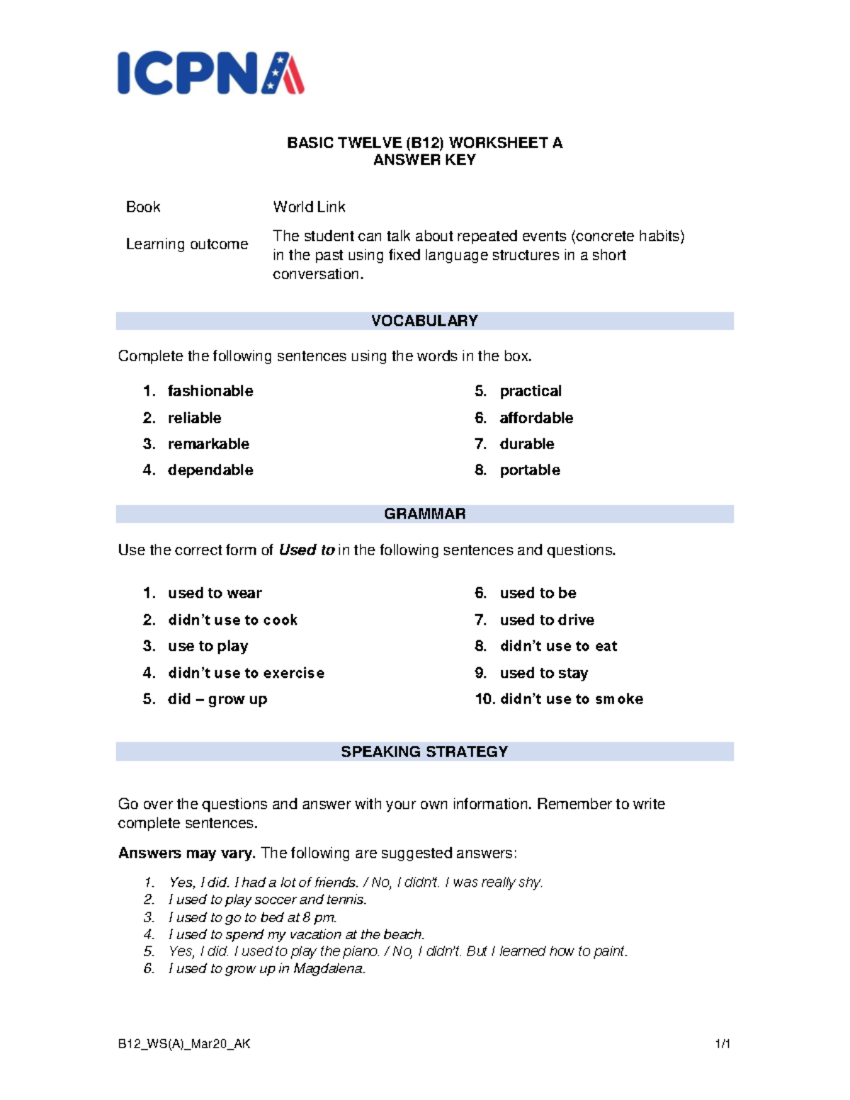 B12 WS A - Answer Key - basic 12 - B12_WS(A)_Mar20_AK 1/ BASIC TWELVE ...