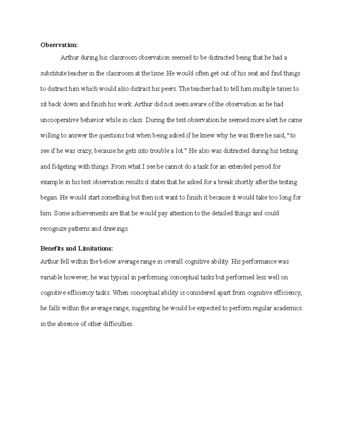 Module 4 Observations Benefits and Limitations - Observation: Arthur ...