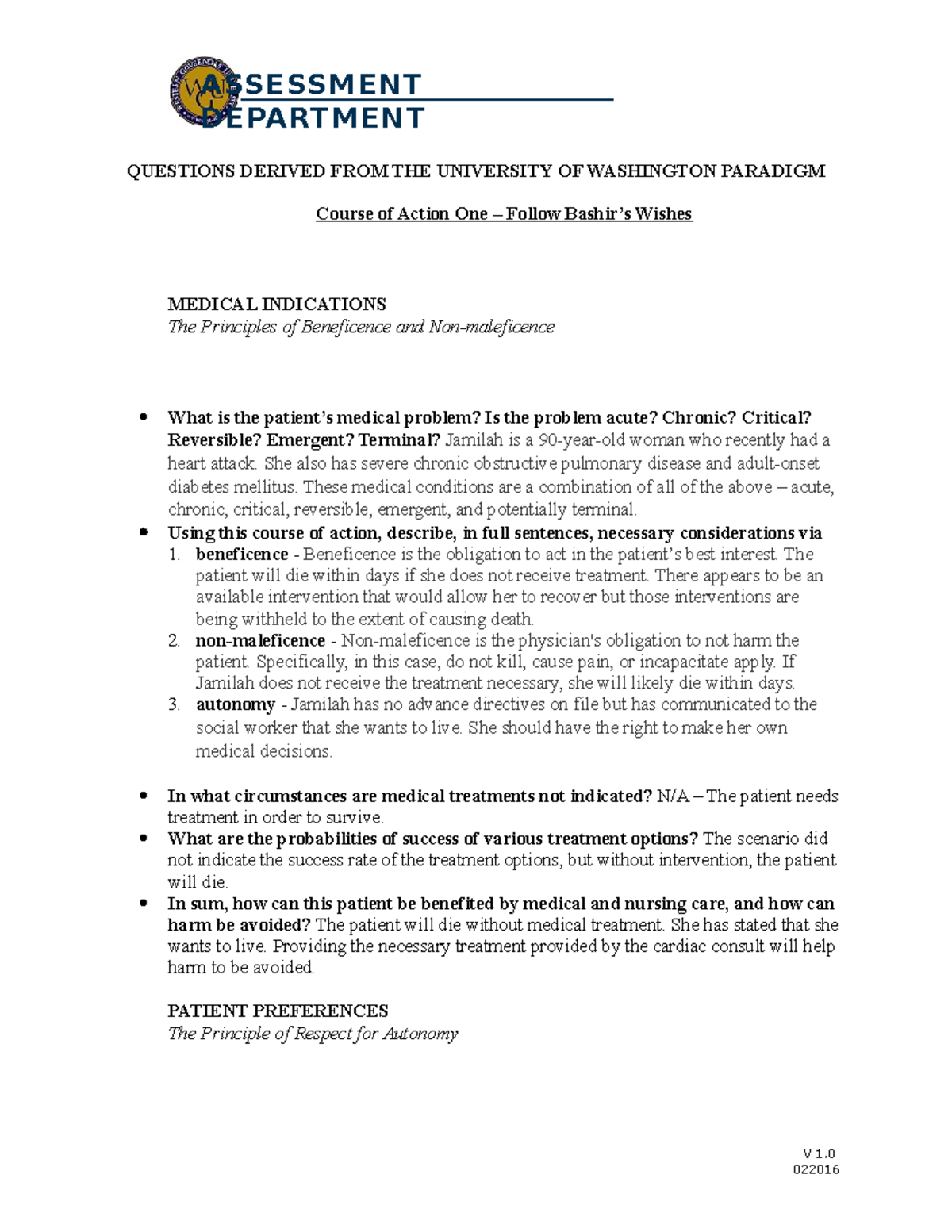 C426 - Healthcare Values and Ethics Paradigm - QUESTIONS DERIVED FROM ...