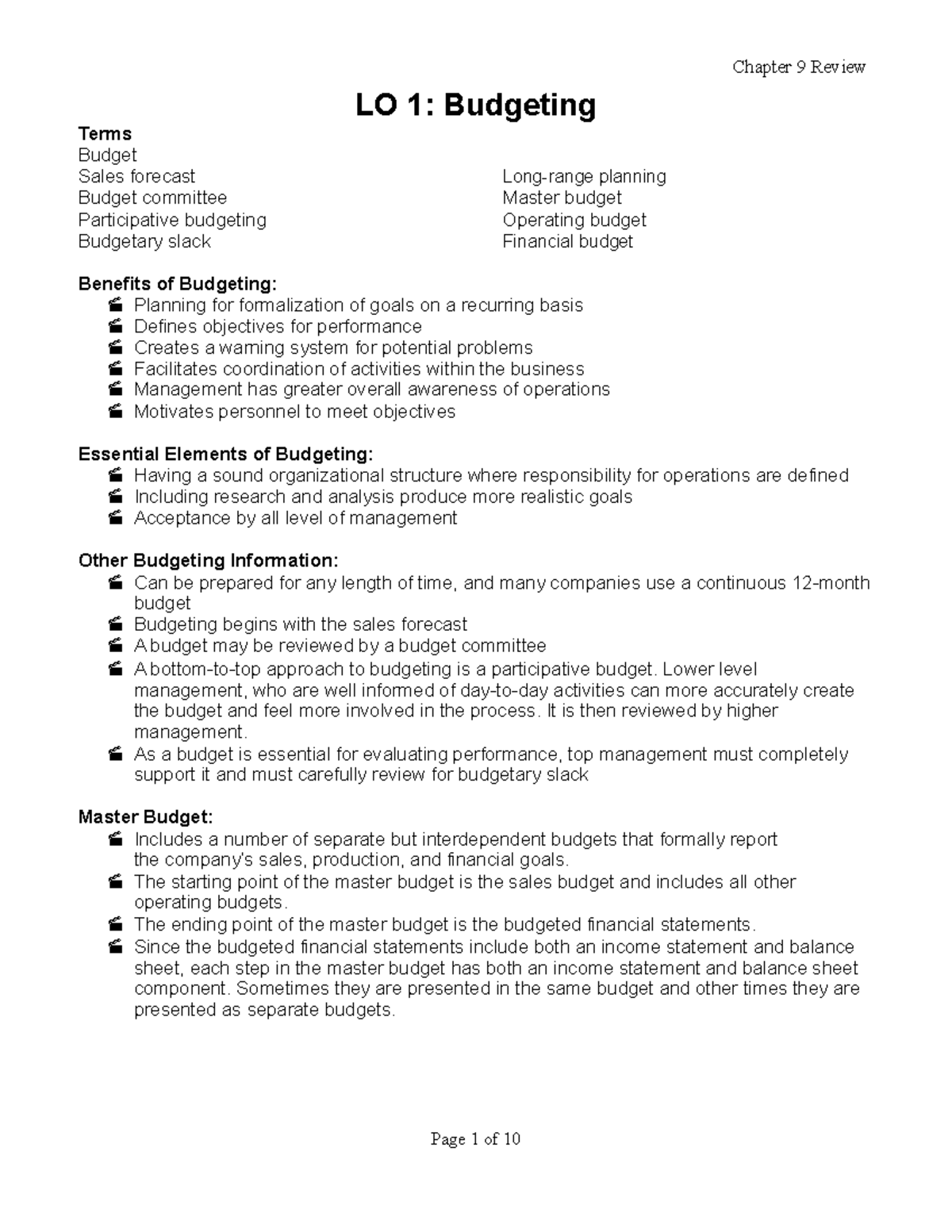 Chapter 9 REV - LO 1: Budgeting Terms Budget Sales forecast Long-range ...