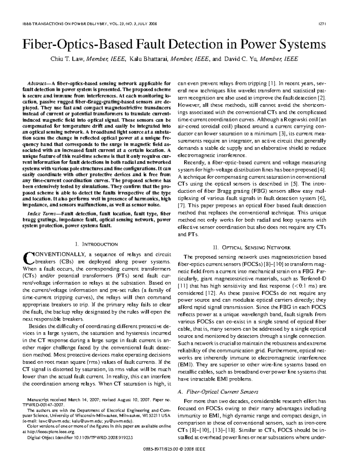 Fiber-Optics-Based Fault Detection in Power Systems - Law, Member, IEEE, Kalu Bhattarai, Member ...