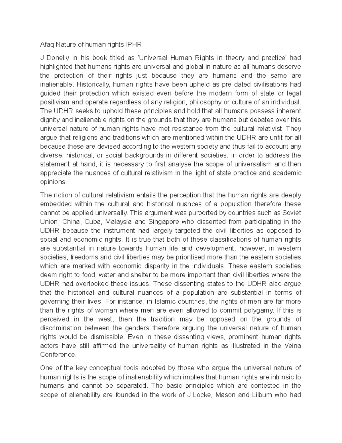 Afaq Nature of human rights IPHR - Historically, human rights have been ...