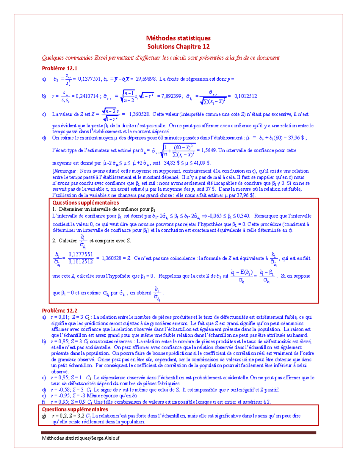 Solutionnaire Chapitre 12 Méthode statistique Serge Alalouf - Méthodes statistiques/Serge ...