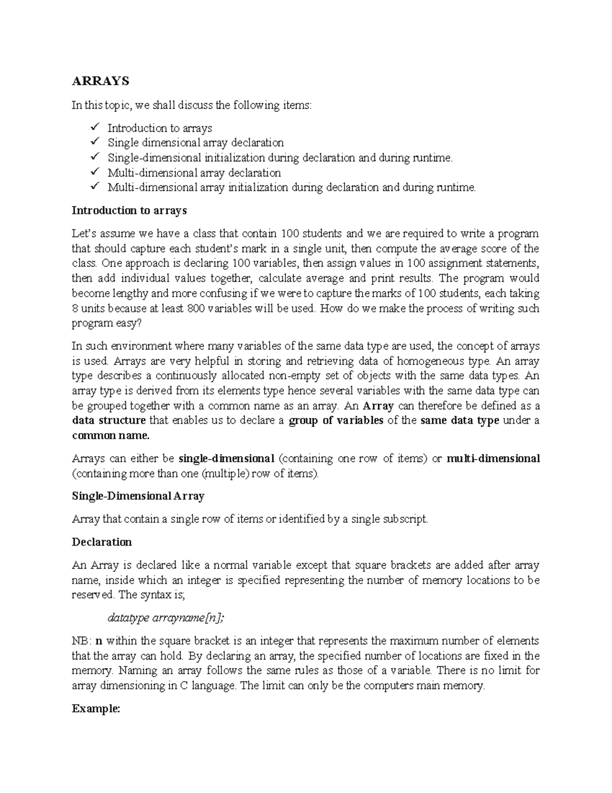 Arrays C Arrays In This Topic We Shall Discuss The Following Items Introduction To Arrays