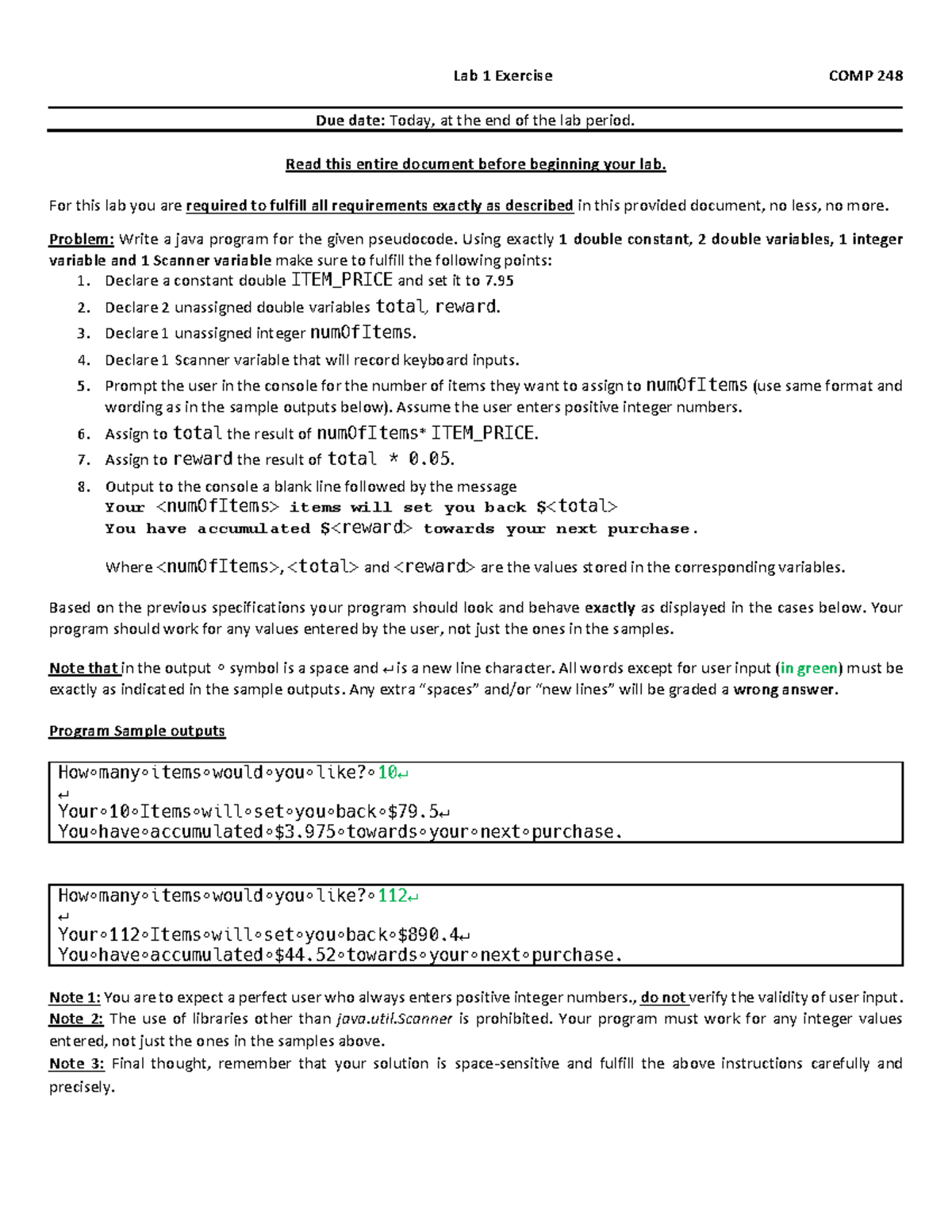 Prob-Lab1 4 - Lab1 - Lab 1 Exercise COMP 248 Due date: Today, at the end of the lab period. Read ...