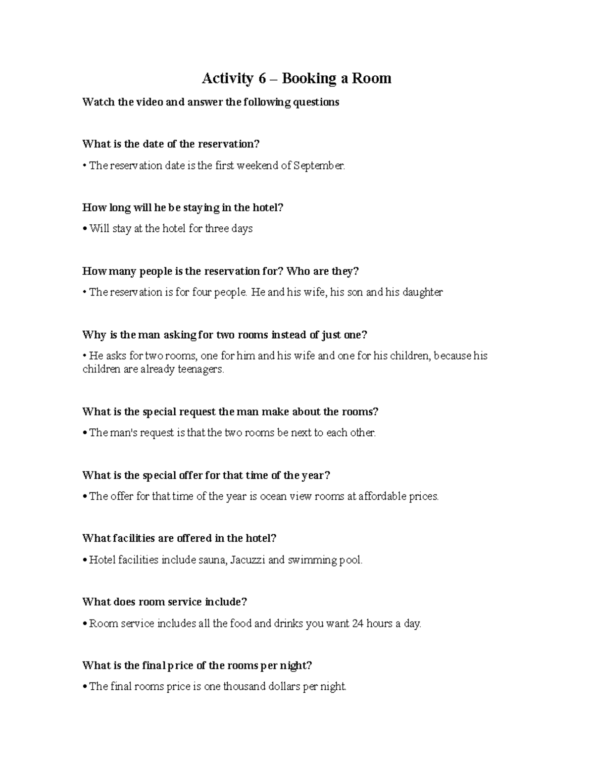 Activity 6 - Booking a Room - Activity 6 – Booking a Room Watch the ...