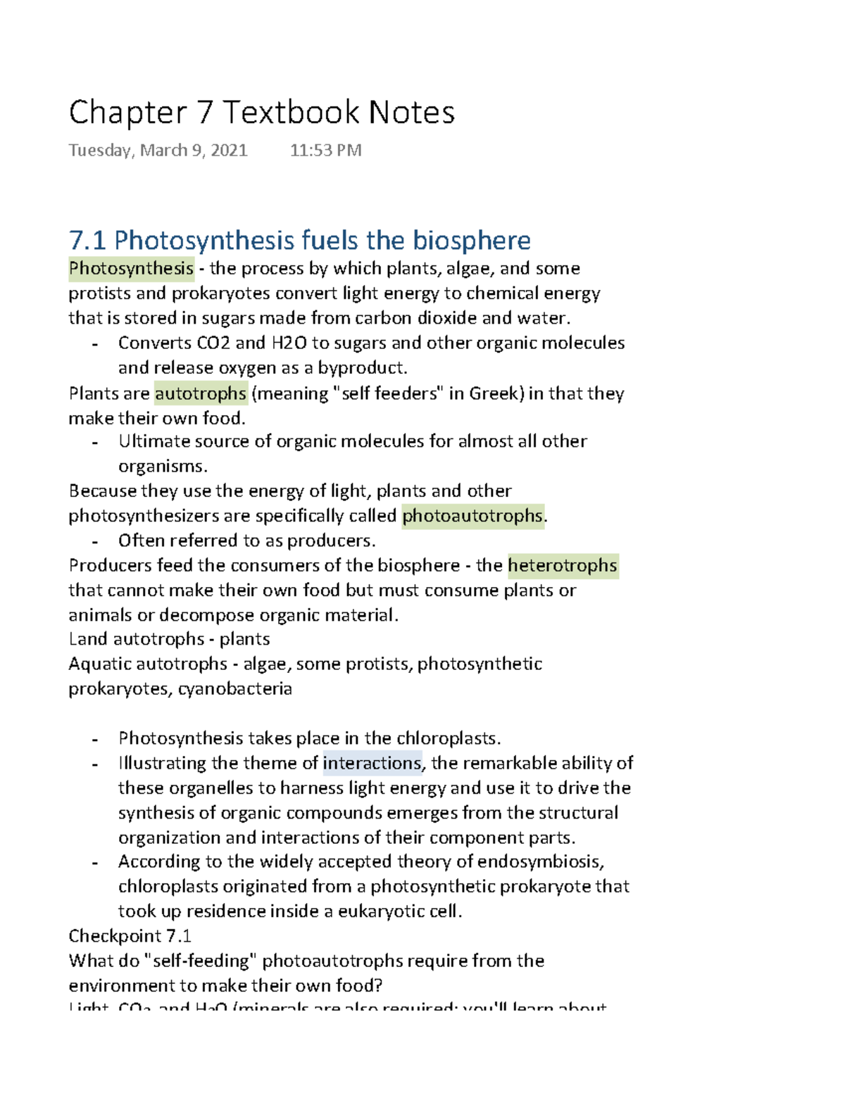 Chapter 7 Textbook Notes - 7 Photosynthesis fuels the biosphere ...
