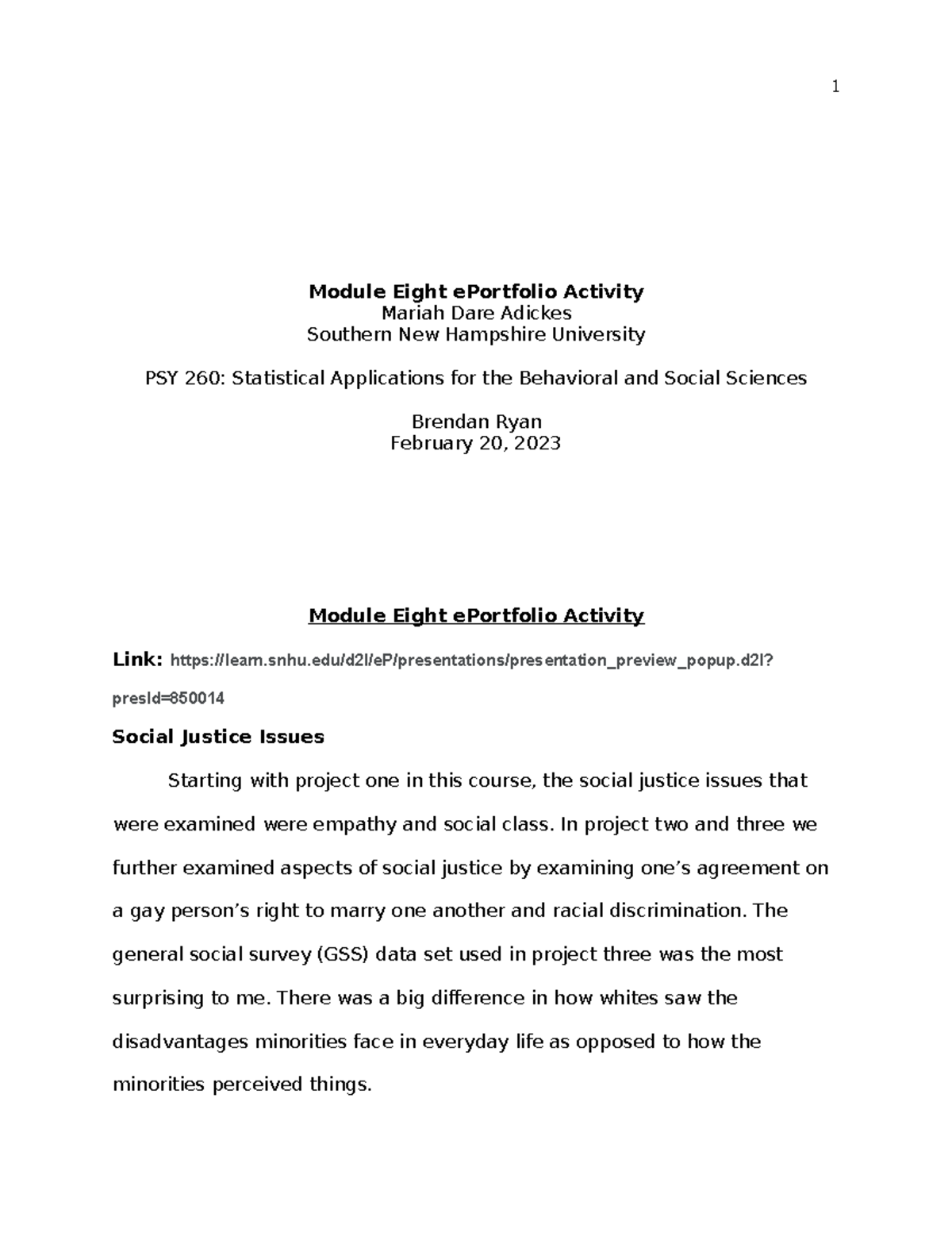 PSY 260 e Portfolio Activity - 1 Module Eight ePortfolio Activity ...