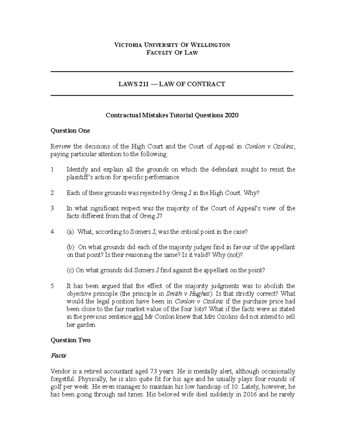 Mistake Tutorials 2020 - VICTORIA UNIVERSITY OF WELLINGTON FACULTY OF LAW LAWS 211 — LAW OF ...