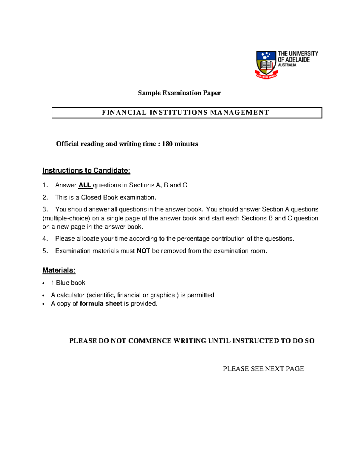 Sample Exam- FIM S2 23 - Sample Examination Paper FINANCIAL ...