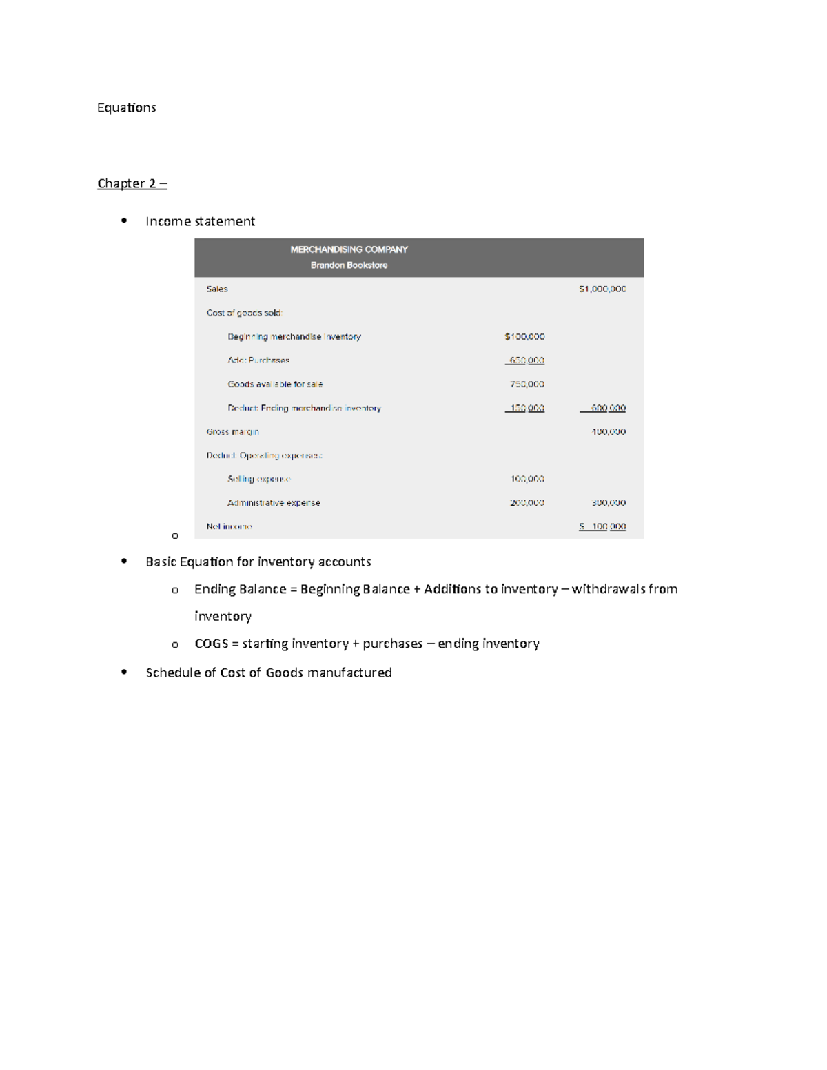Formula Sheet - Equations Chapter 2 – Income statement o Basic Equation ...