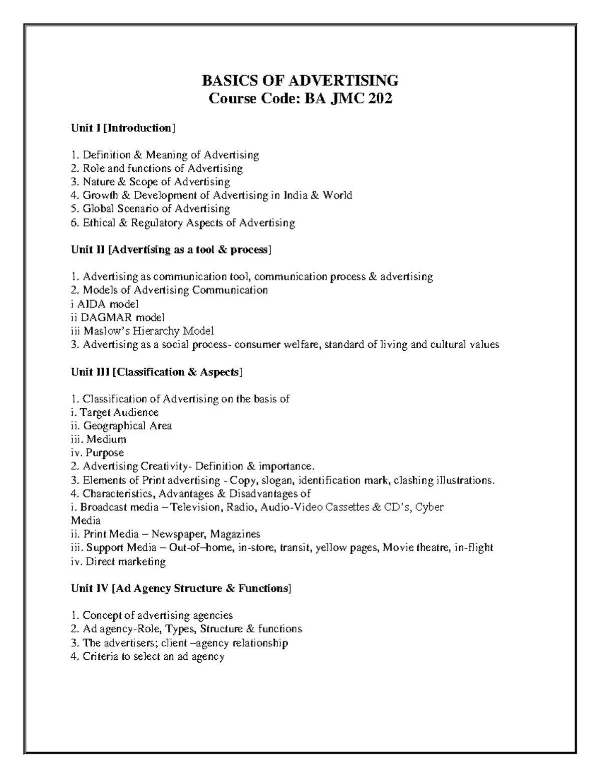 Ad. 4th sem 202 - Advertising notes - BASICS OF ADVERTISING Course Code ...