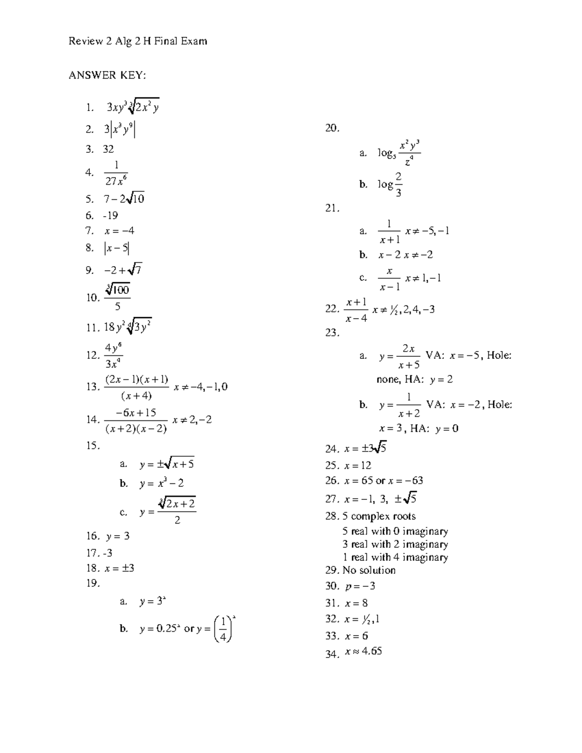 Final Exam Review 2 Answer key 2024 - Review 2 Alg 2 H Final Exam ...