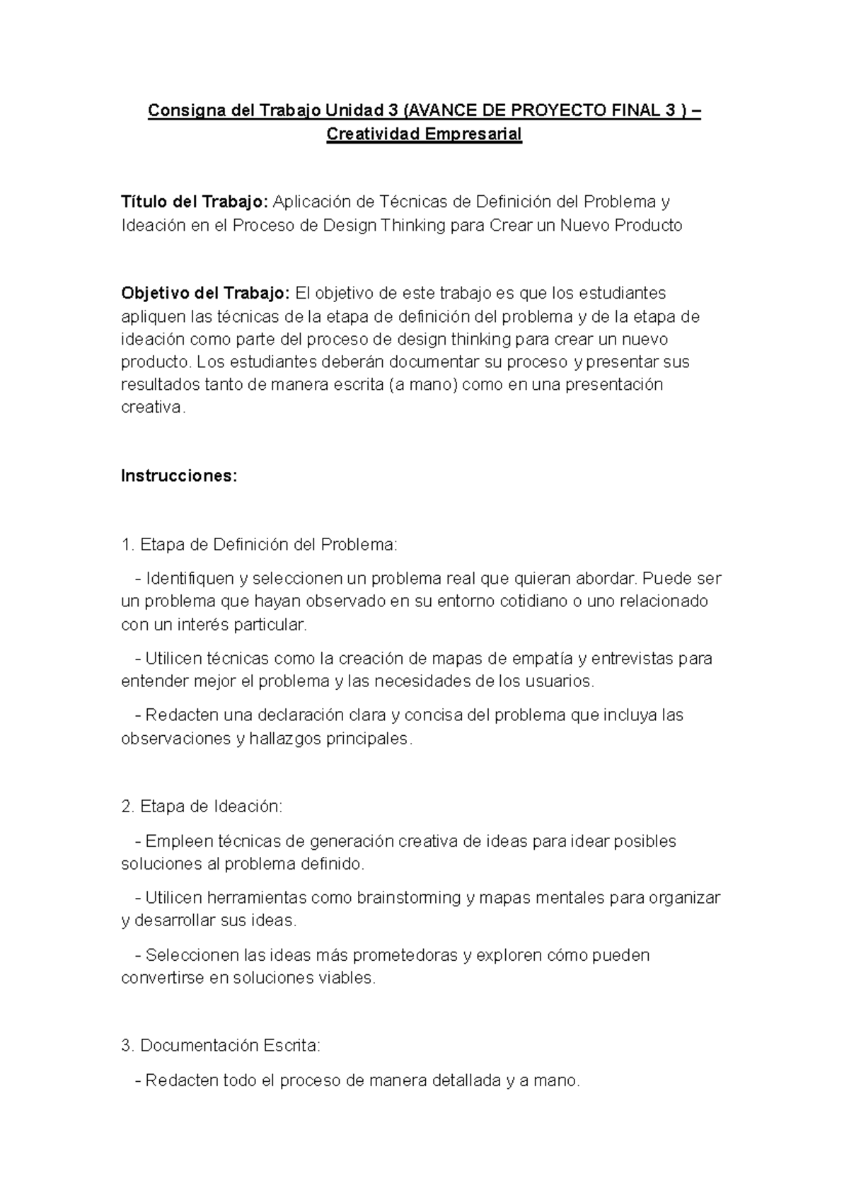Consigna Avance proyecto final 3-2 - Consigna del Trabajo Unidad 3 (AVANCE DE PROYECTO FINAL 3 ...