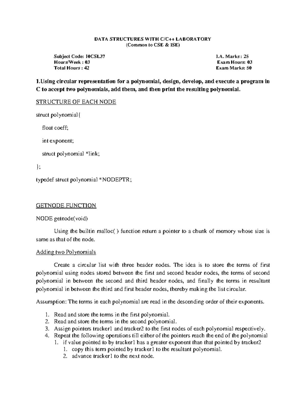 DS Lab manual - DATA STRUCTURES WITH C/C++ LABORATORY (Common to CSE ...