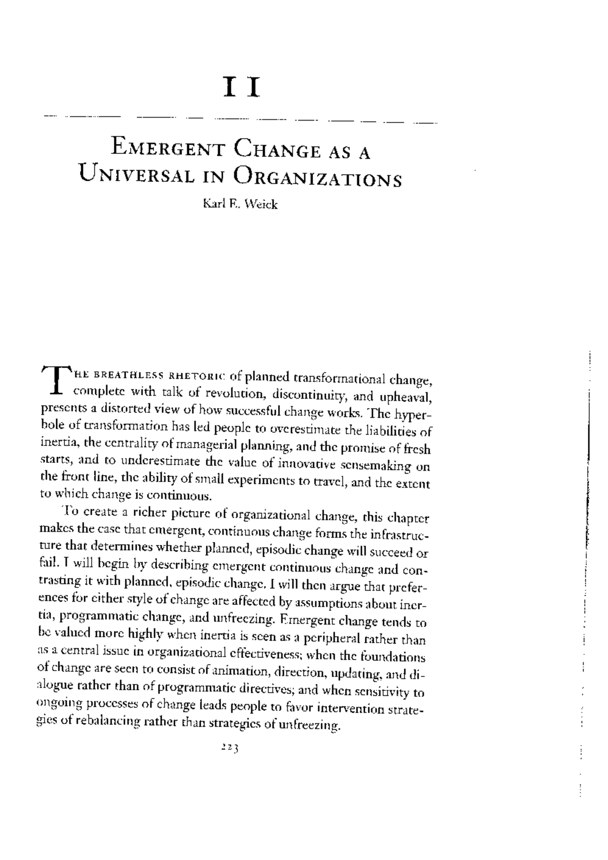 Weick emergent change as universal in orgs - Onderzoek - Studeersnel