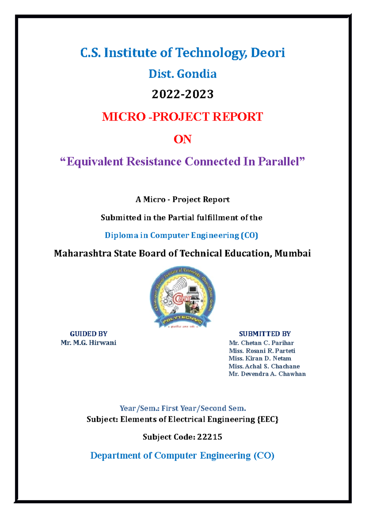 EEC(22215) Micro Project Front Page CO - C. Institute of Technology ...