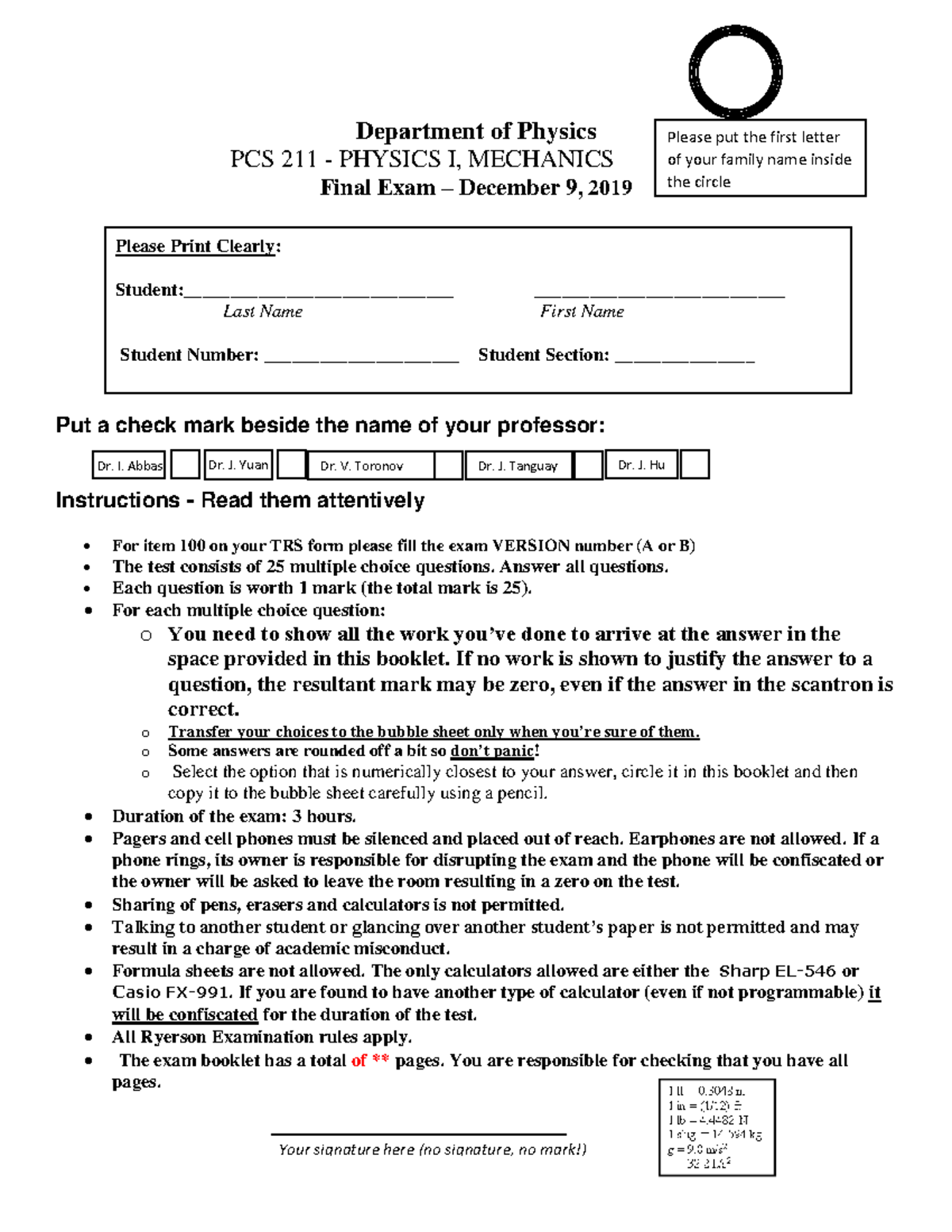 PCS211_FEX_2019 - Department of Physics PCS 211 PHYSICS I, MECHANICS ...