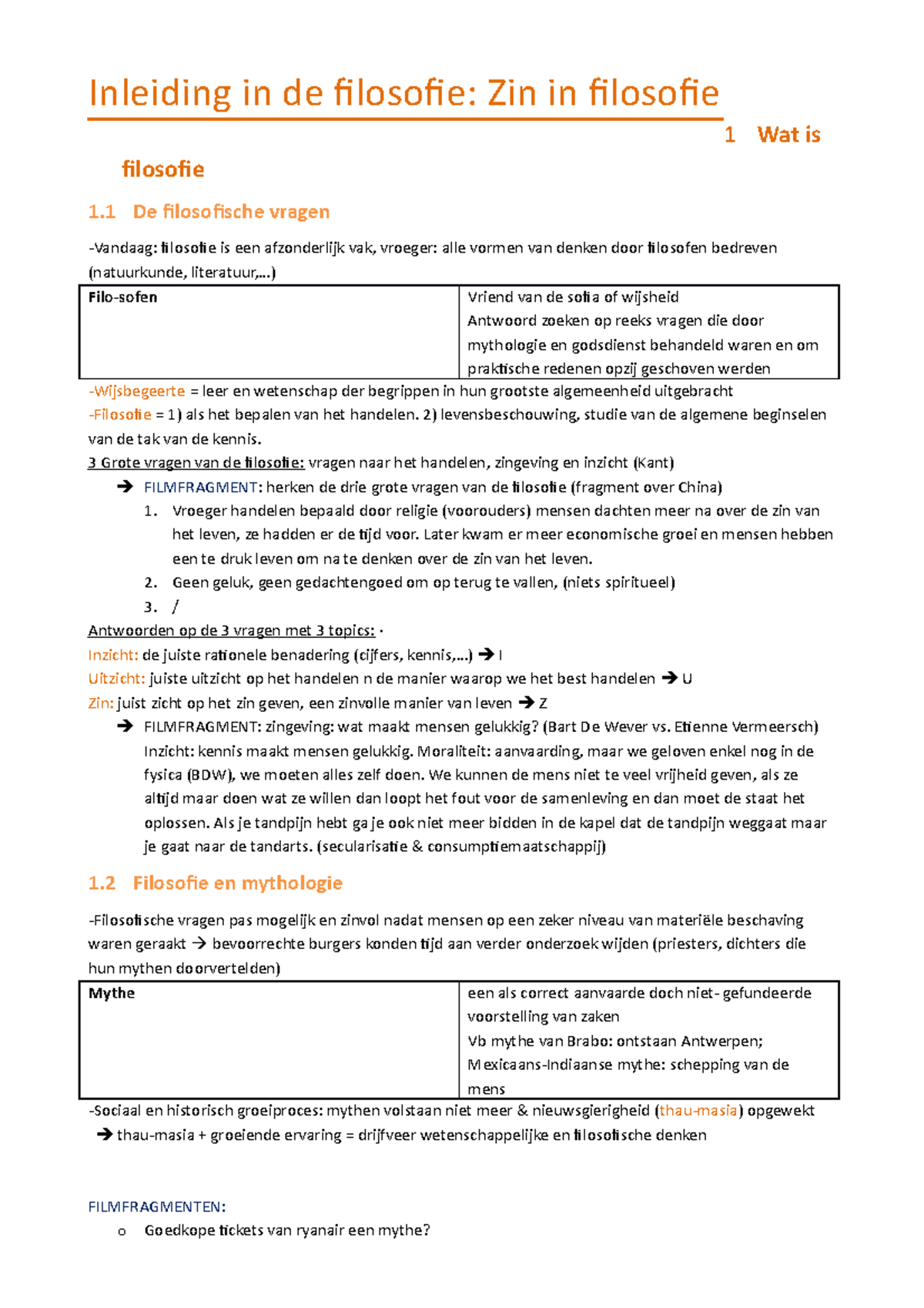 Samenvatting Inleiding tot de Filosofie: college(s) - 1 Wat is filosofie 1 De filosofische ...