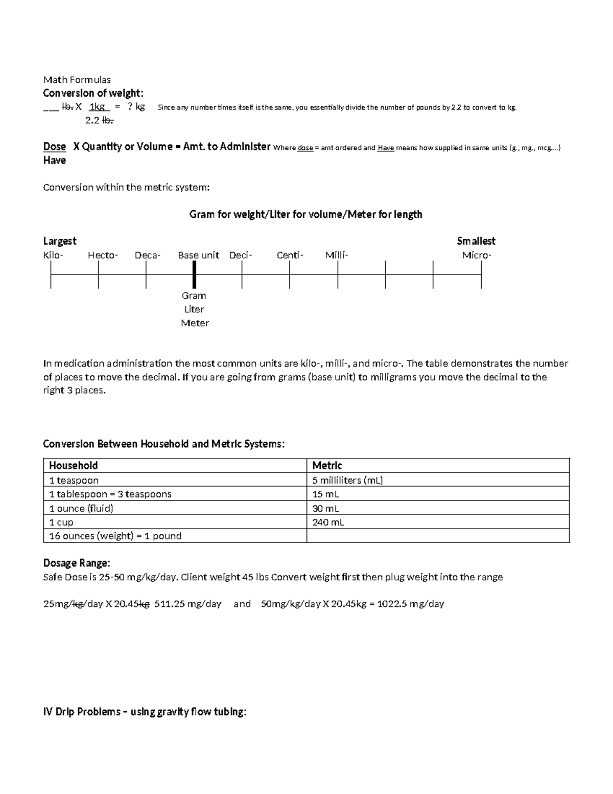 Math Formulas - Great - Math Formulas Conversion of weight: ___ lb. X ...