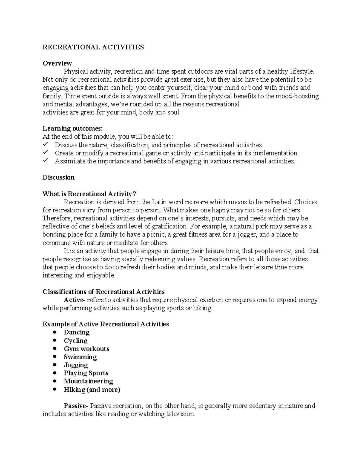 Recreational-Activities - RECREATIONAL ACTIVITIES Overview Physical ...