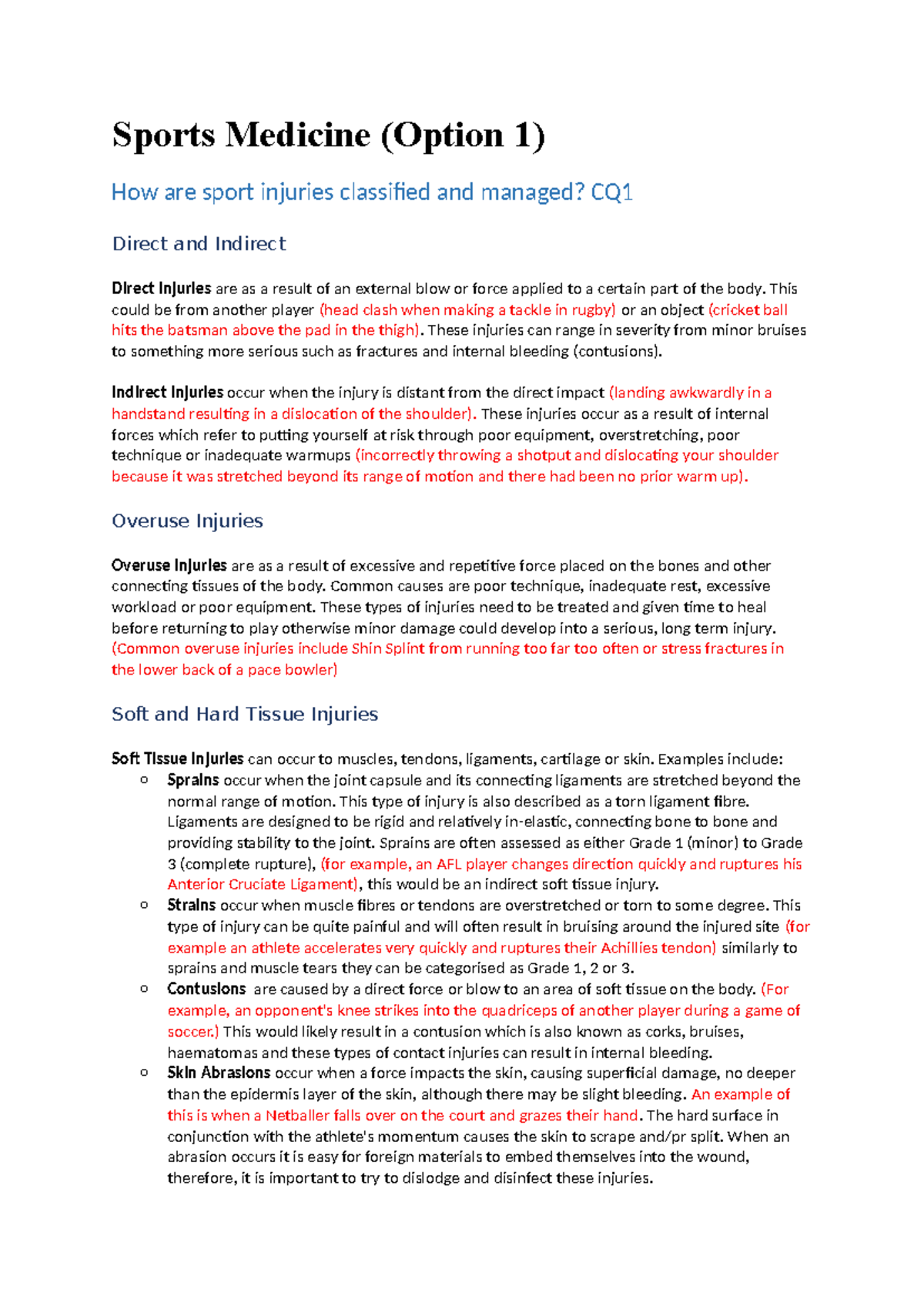 Angus Baker full notes - Sports Medicine (Option 1) How are sport ...