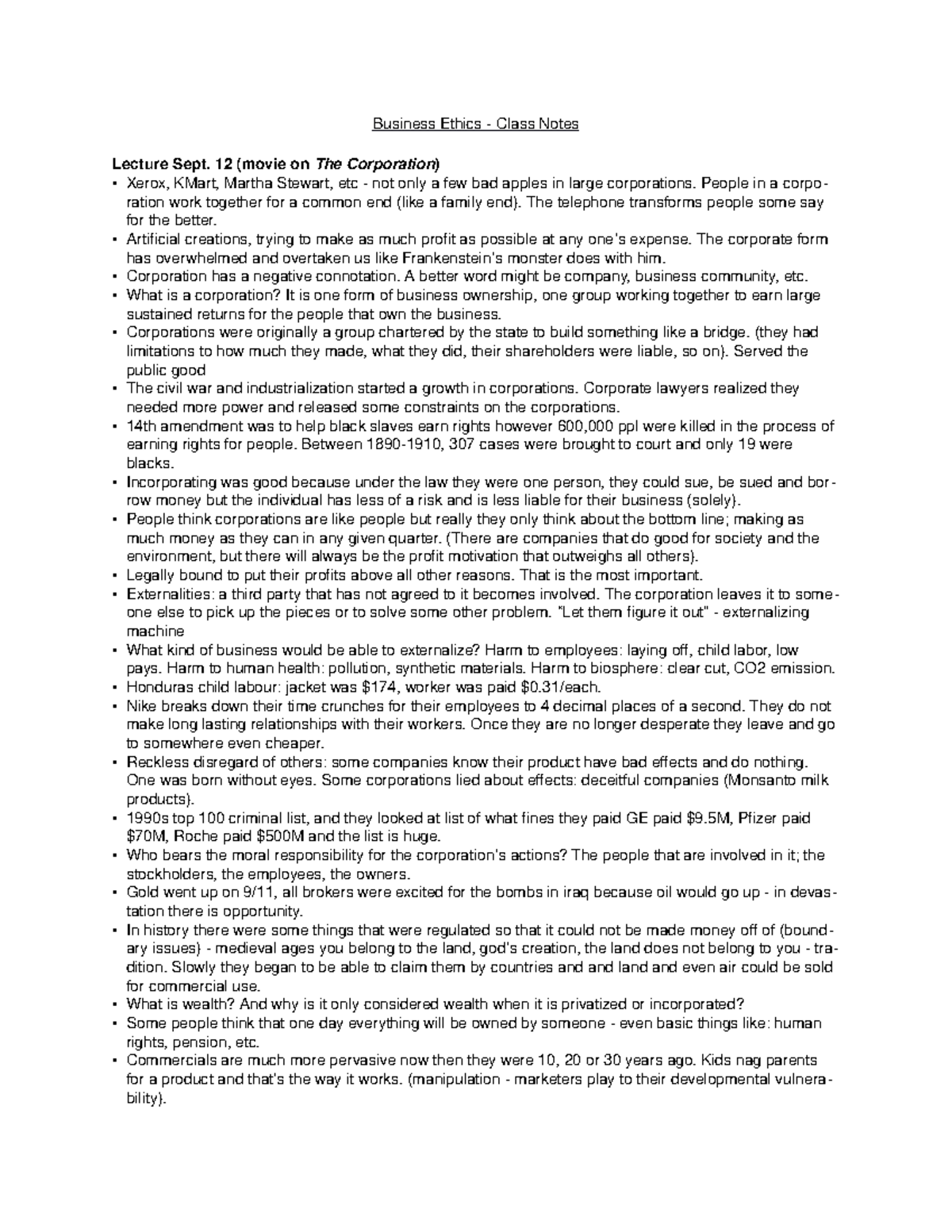 Lecture notes, all lectures - Business Ethics - Class Notes Lecture ...